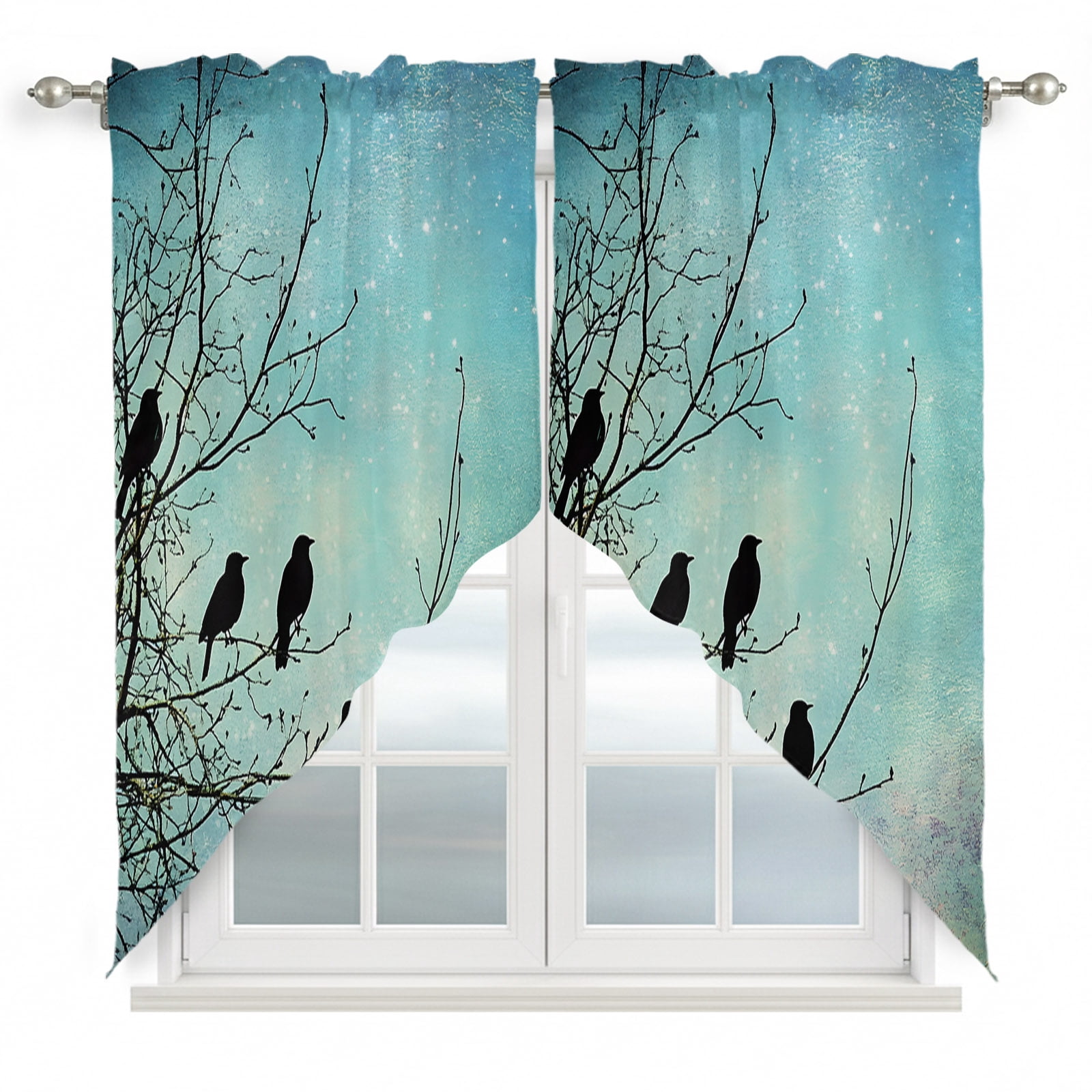 Branches Birds Swag Curtain Valance for Window 2 Panels Blue Retro ...