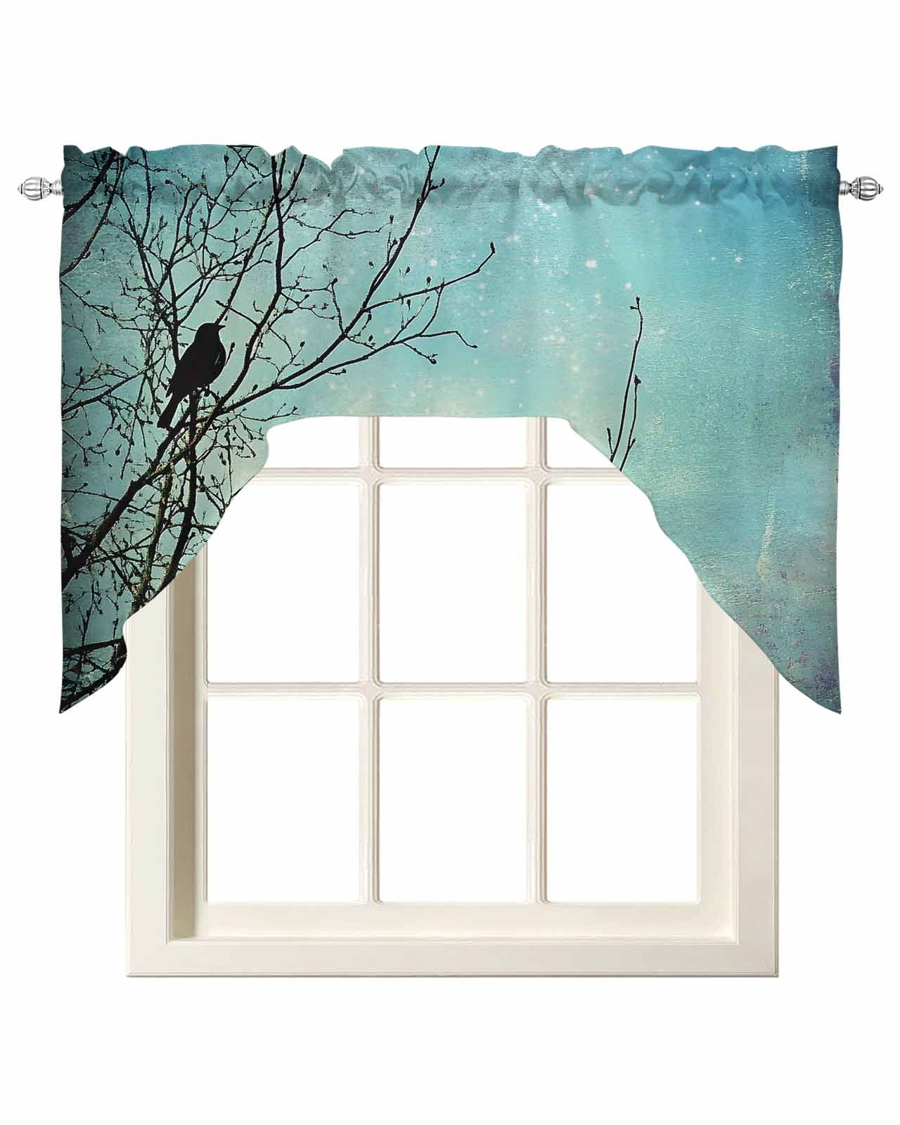 Branches Birds Swag Valance and Tier Curtains Set Blue Retro Watercolor ...