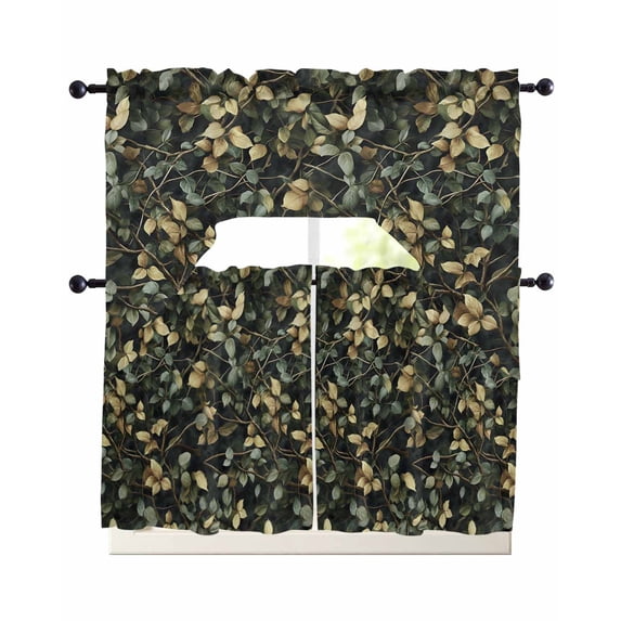 Branches Green Leaves Kitchen Curtains Set for Windows 3 Piece Cafe ...