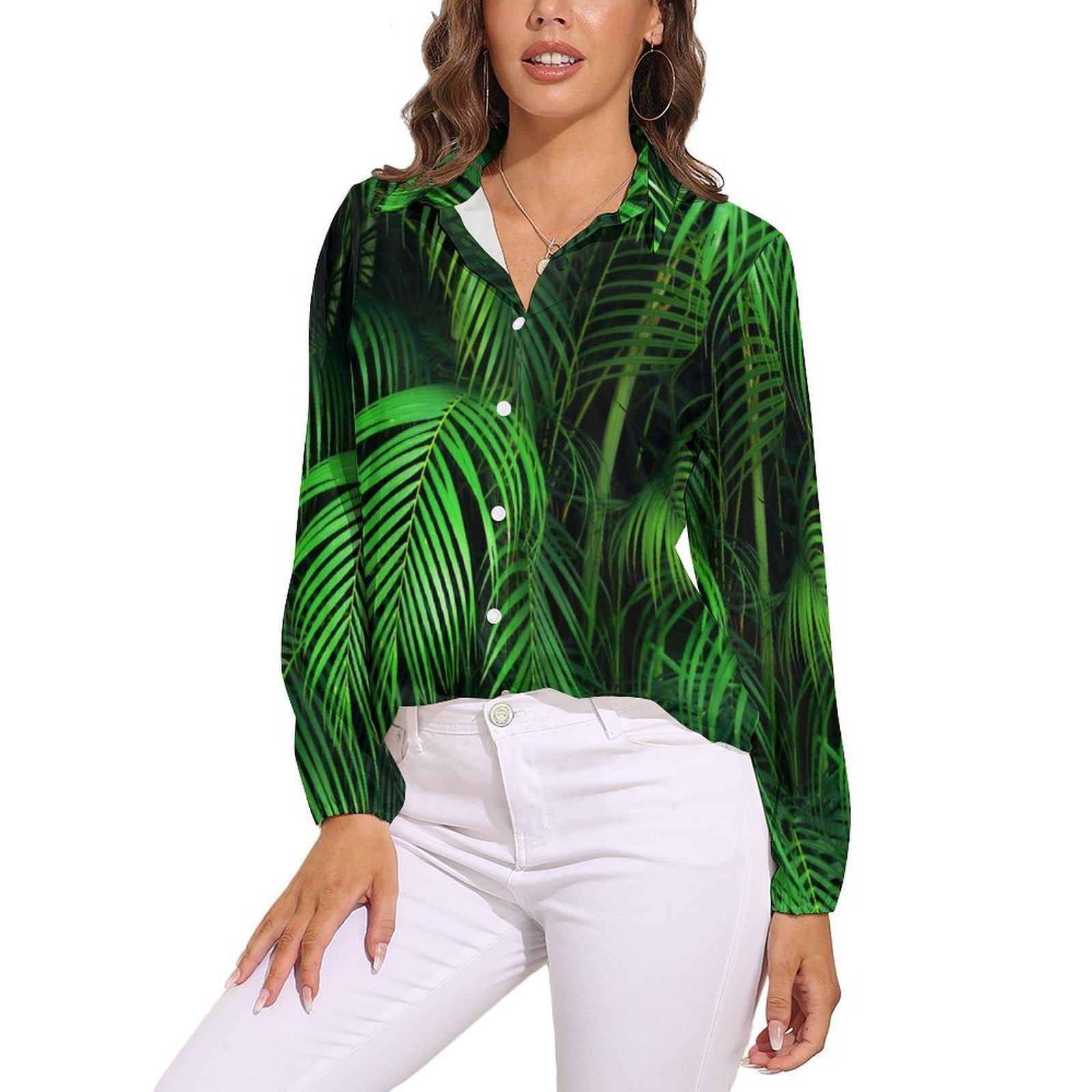 Branches Of Green Palm Trees Long Sleeve Blouse Woman Streetwear Casual ...