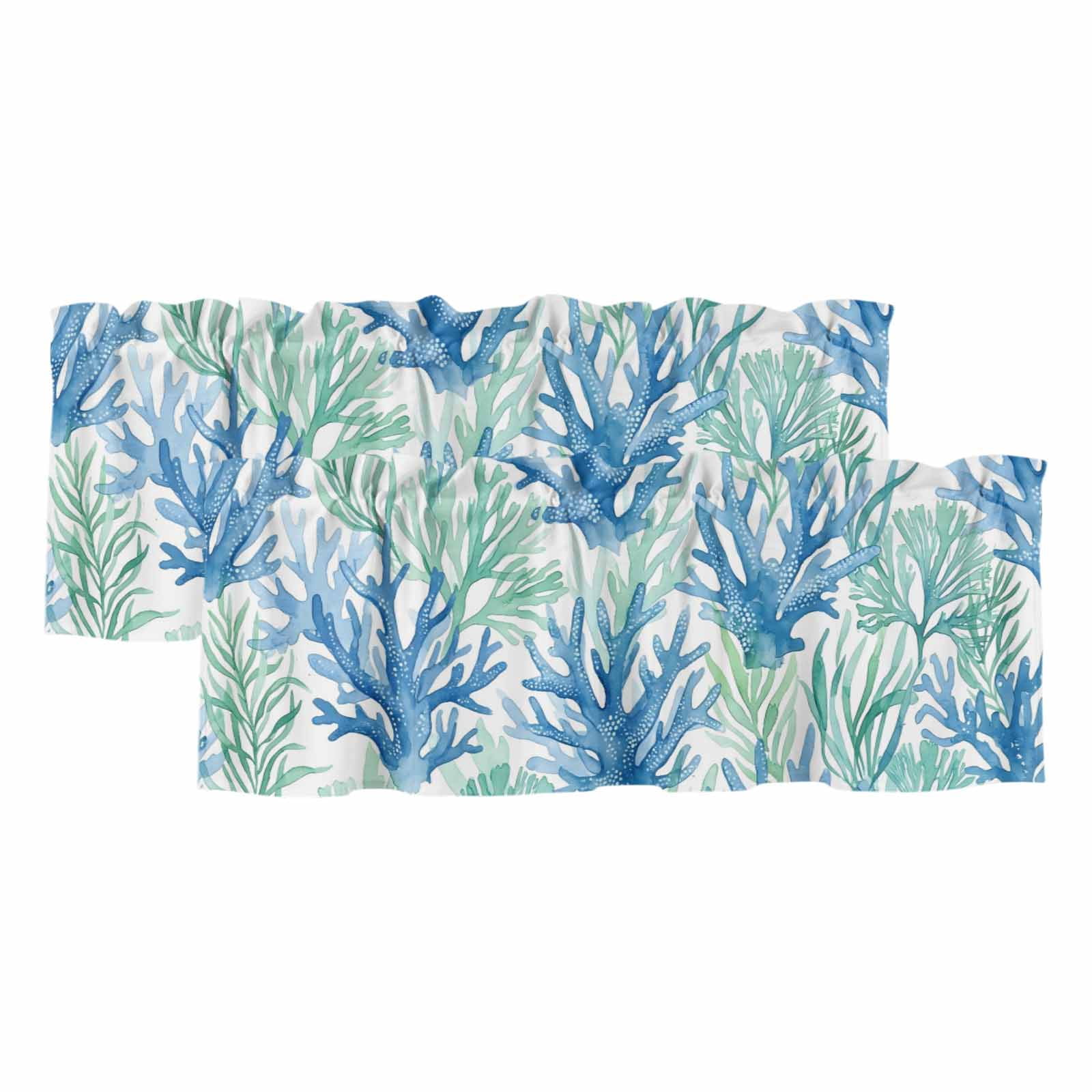 Branching Coral 2 Panels Kitchen Valance, Watercolor Teal Blue Green ...