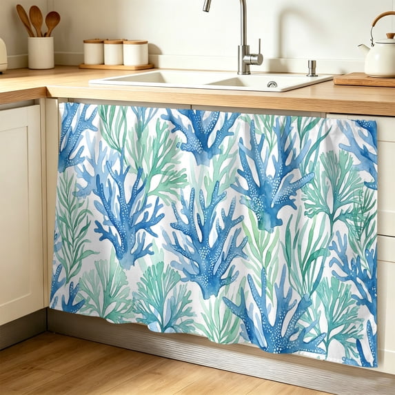Branching Coral Cabinet Curtain, Watercolor Teal Blue Green Corals ...