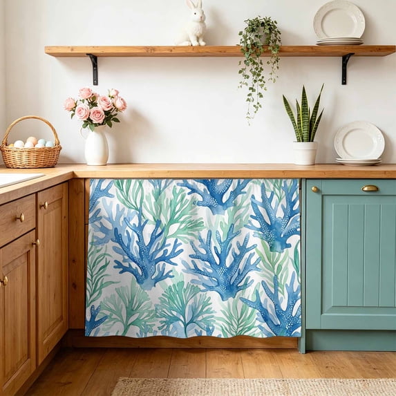 Branching Coral Cabinet Curtains 11" W x 13" L Watercolor Teal Blue ...