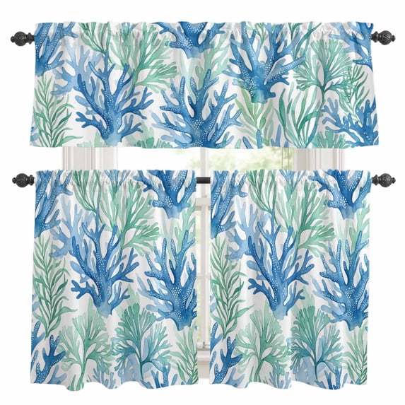 Branching Coral Kitchen Curtains Set for Windows, Watercolor Teal Blue ...