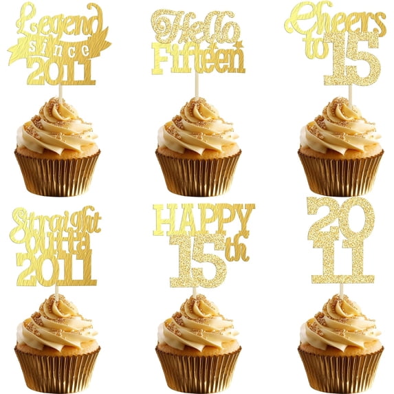 Brand 12Pcs Glitter Gold 15th Birthday Cupcake Toppers, Legend Since ...