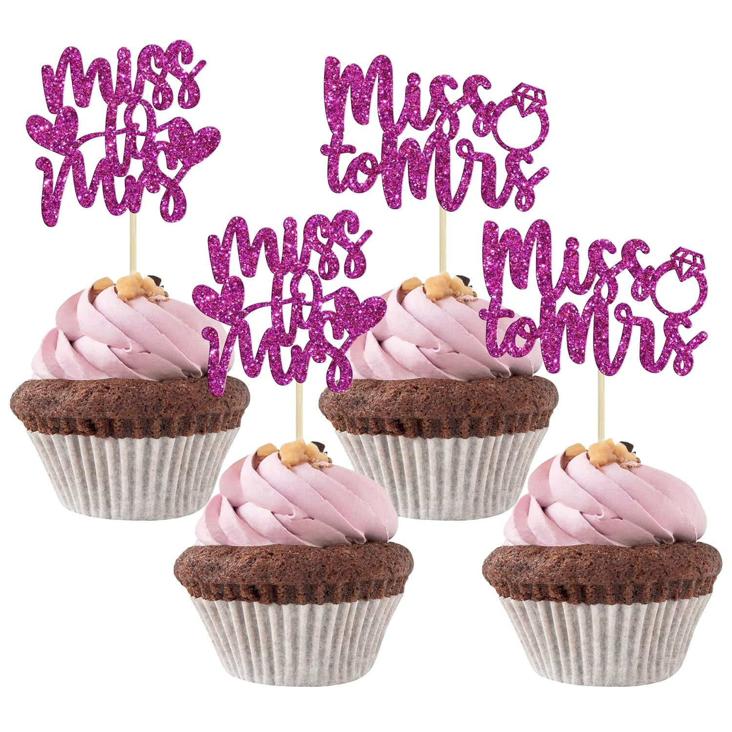 Brand 12Pcs Glitter Magenta "Miss to Mrs" & "Just Hitched" Cupcake ...
