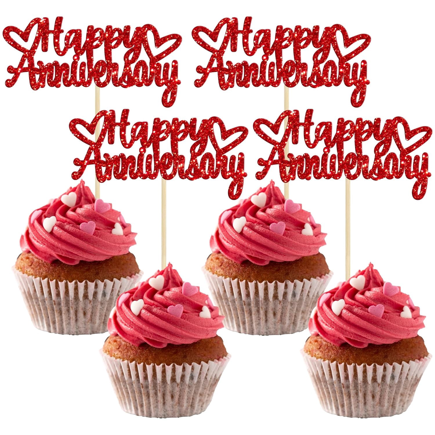 Brand 12Pcs Glitter Red Happy Anniversary Cupcake Toppers, Love Heart ...