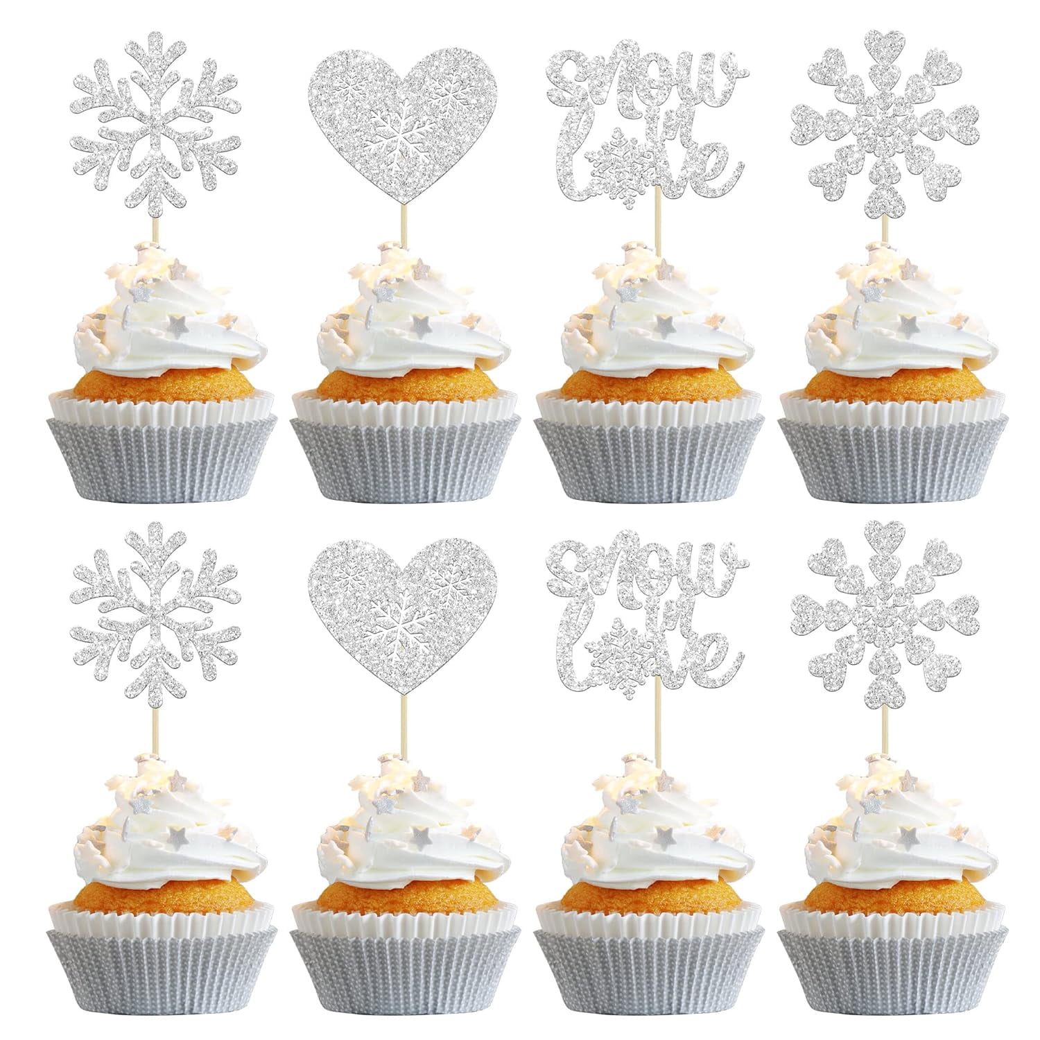 Brand 8Pcs Glitter Silver Snowflake & Heart Cupcake Toppers, "Snow Love ...