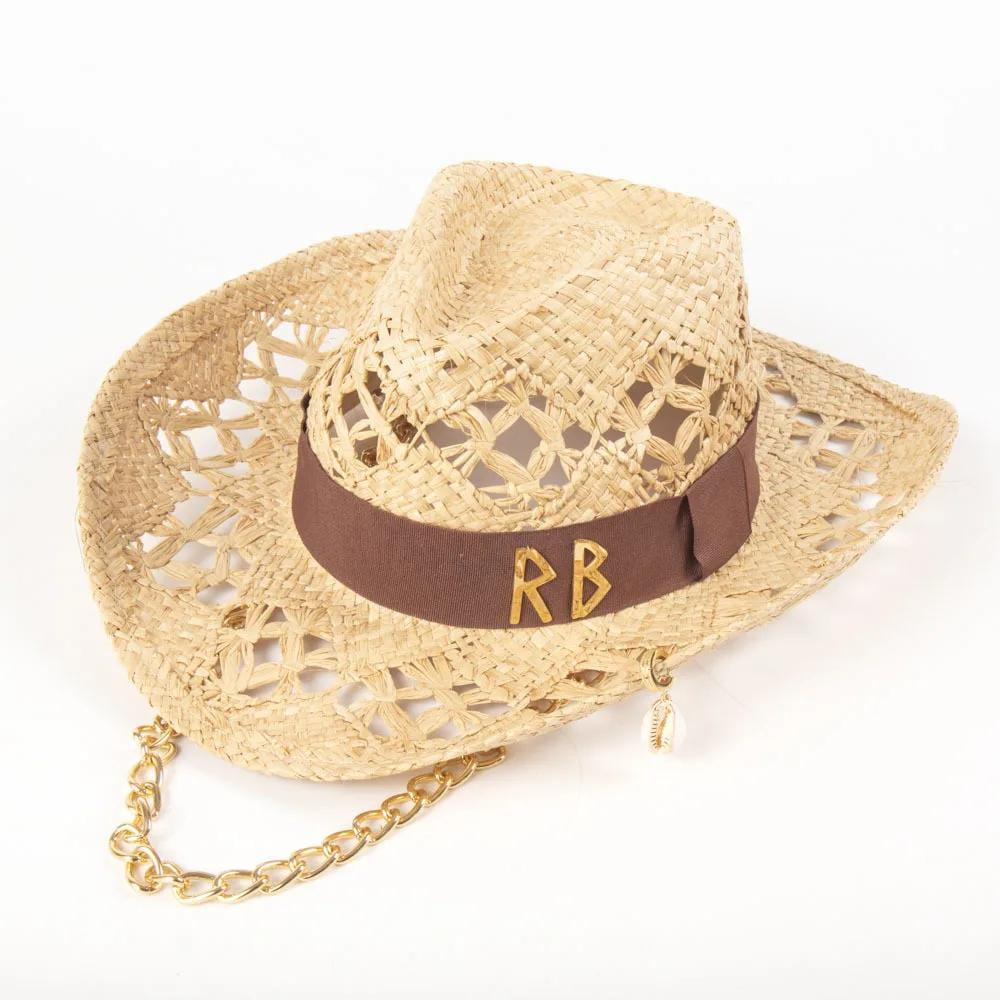 Brand Designer Series Letter Raffia Straw Hat with Pointed Hollow ...
