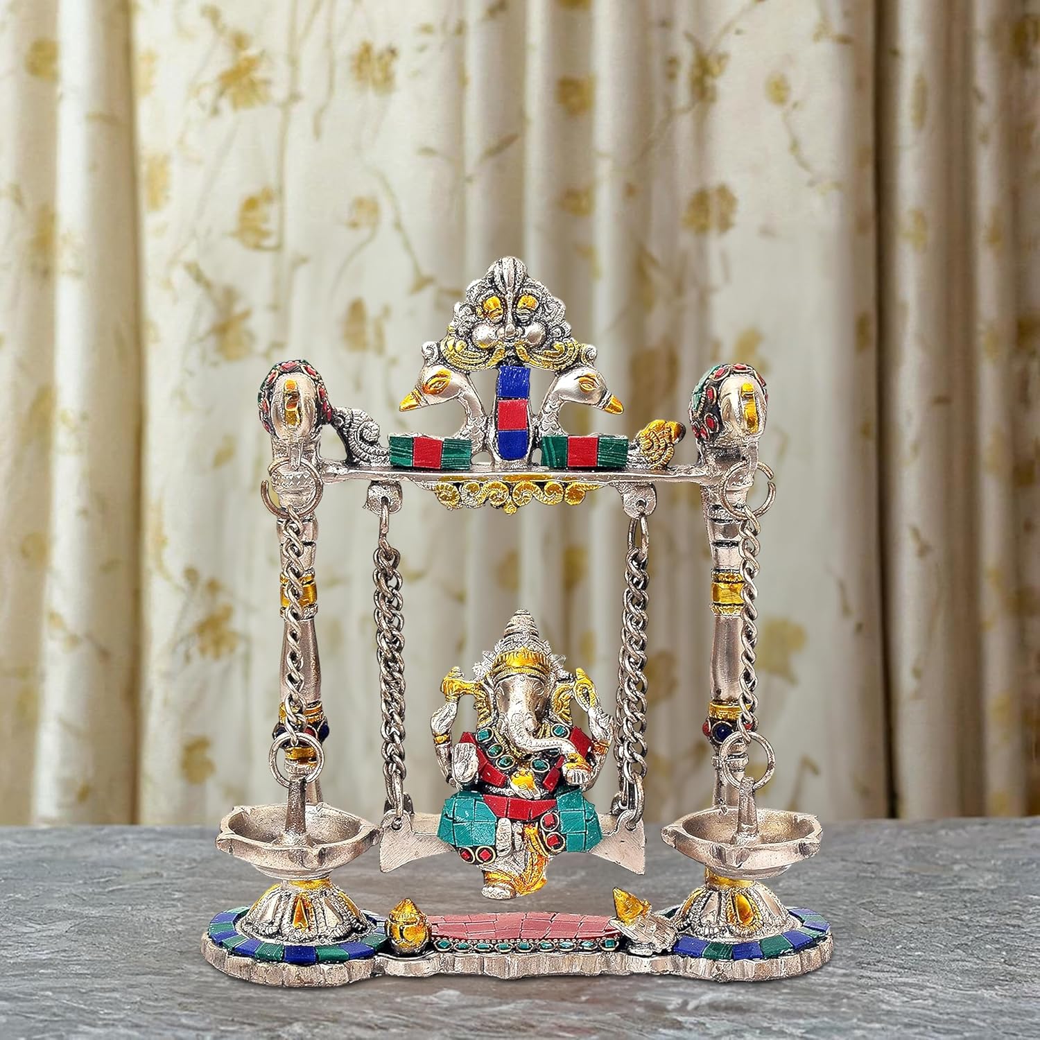 Brand Umi Brass Ganesha on Jhula with Two Parrot Holding with Oil Diya ...