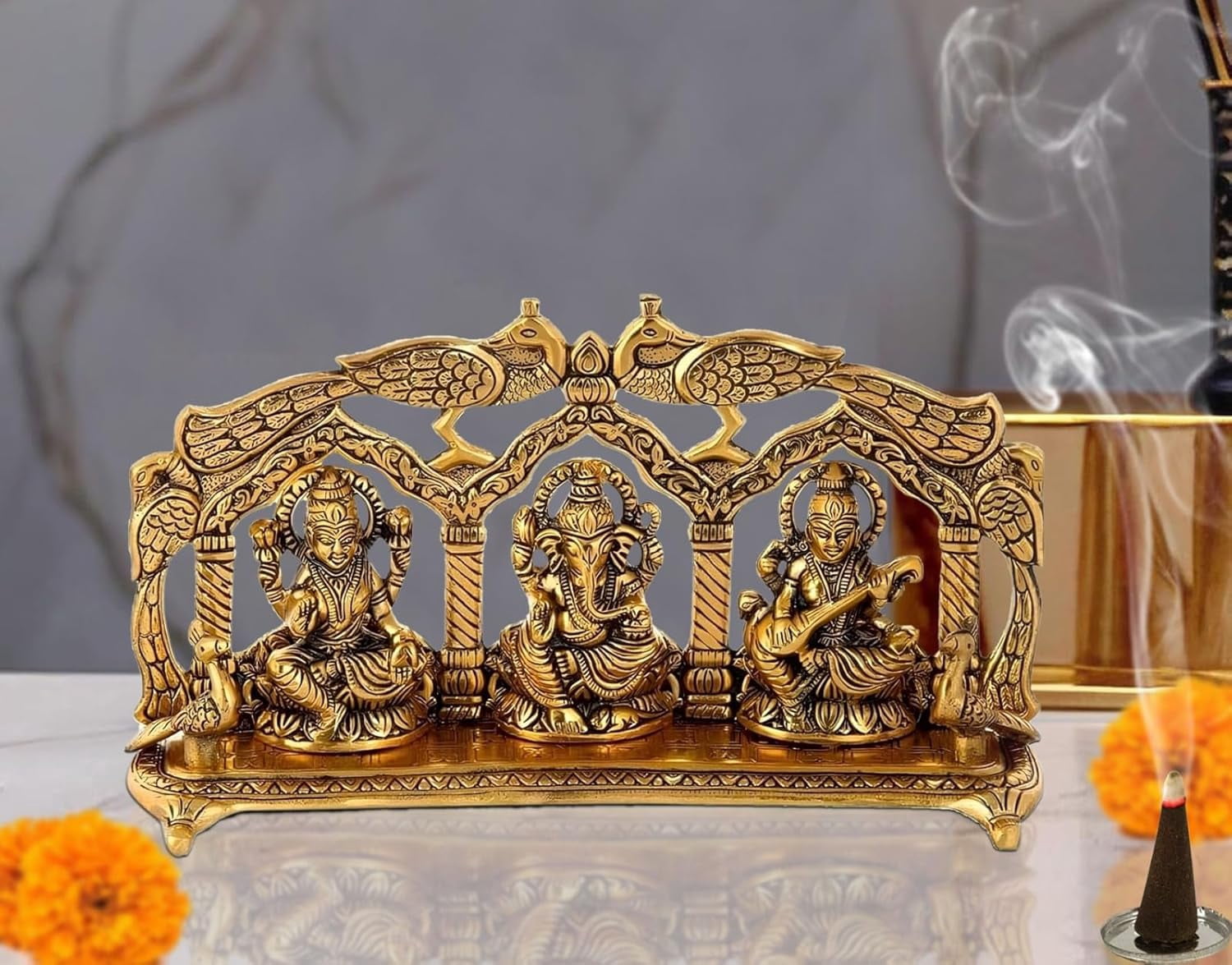 Brand Umi Metal Ganesha Lakshmi and Saraswati Idol Sculpture Golden 55 ...