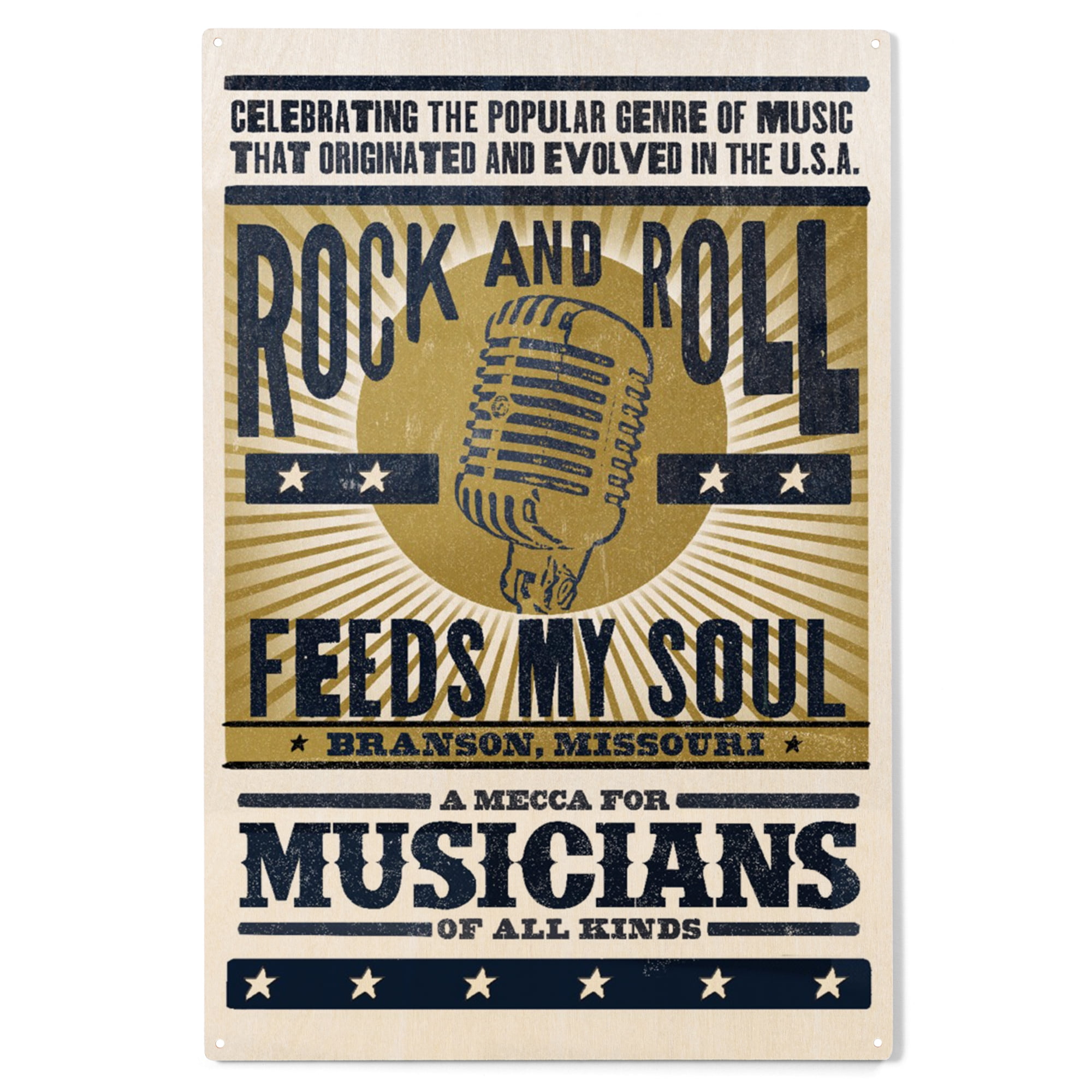 Branson, Missouri, Microphone, Blue and Gold Screenprint Birch Wood ...