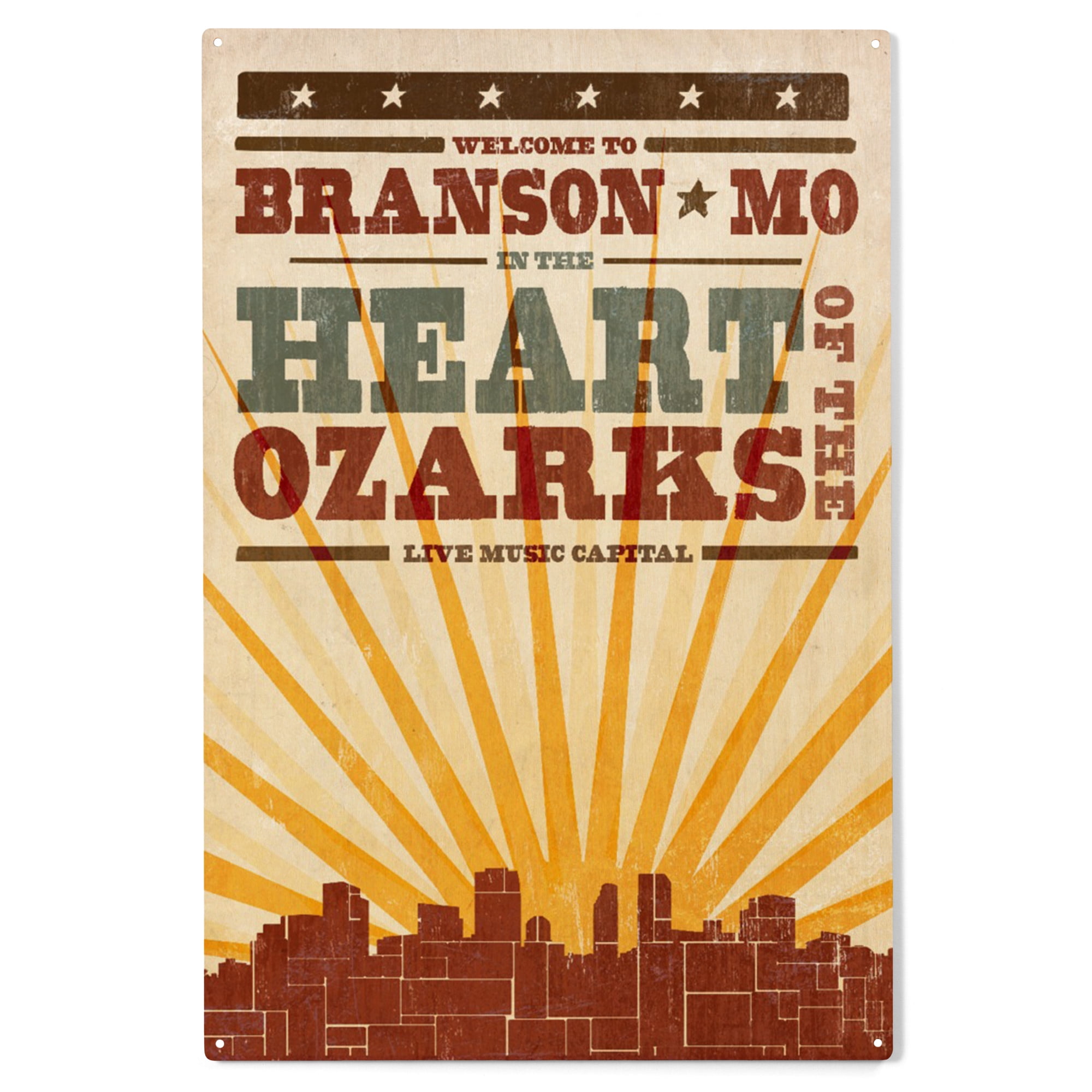 Branson, Missouri, Skyline and Sunburst Screenprint Style Birch Wood Wall Sign (10x15 Rustic ...