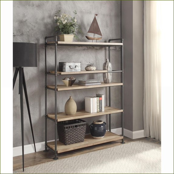 Brantley Bookshelf, Industrial 4-Tier Oak & Sandy Black Metal Frame ...