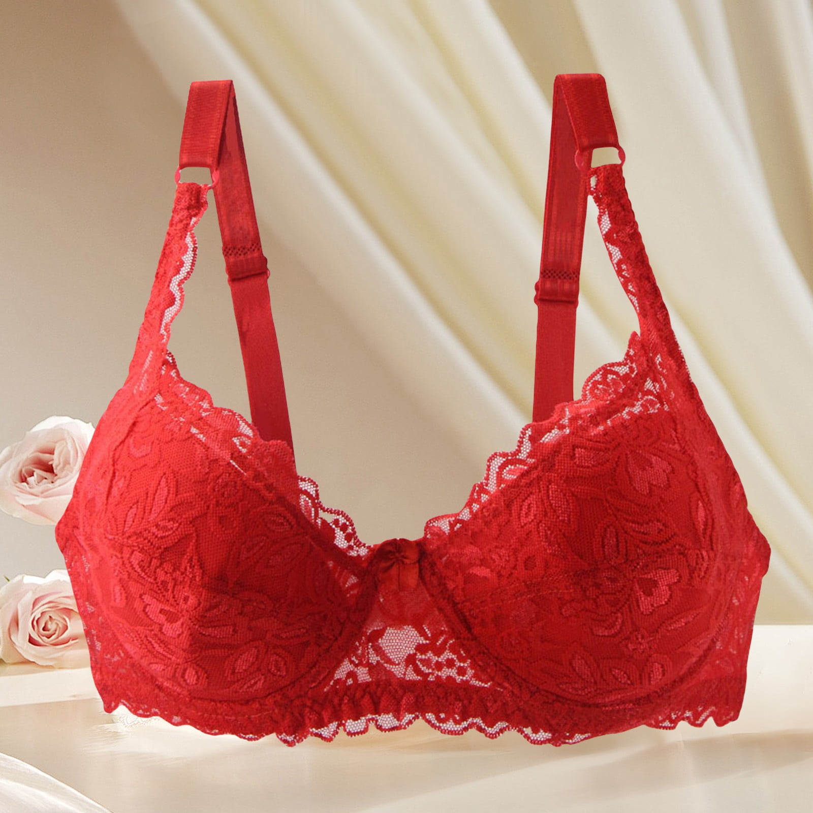Bras for Women, Red Casual Fashion Large Size Thin Sponge Lace Bra ...