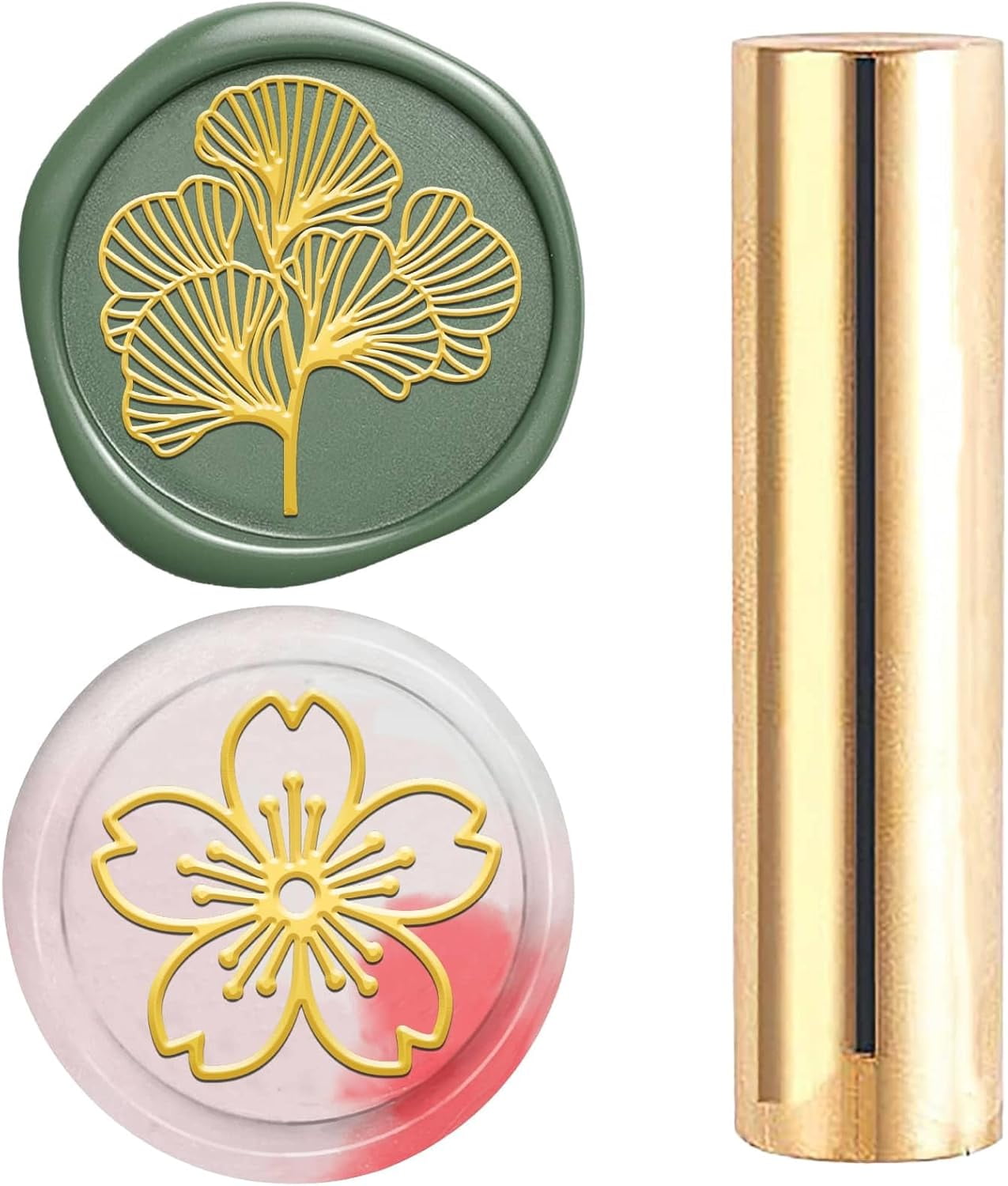 Brass 2 Side Wax Seal Stamp 15mm Mini Column Cherry Blossom Ginkgo Leaf ...