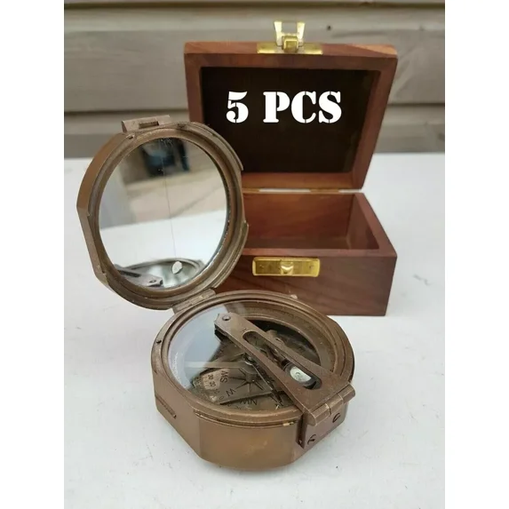 Brass Antique 3-Inch Nautical Brunton Compass with Wooden Box Set of 5 ...