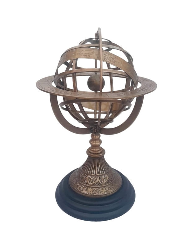 Brass Armillary Globe Astrolabe Globe Zodiac Engraved Wooden Base ...