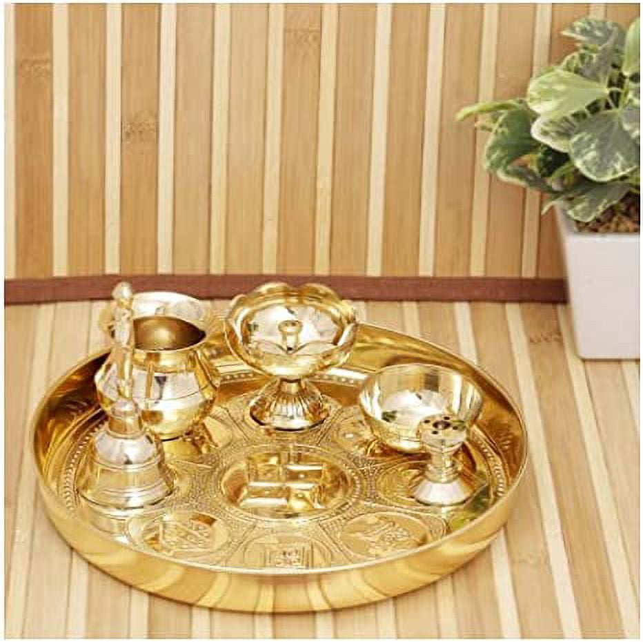 Brass Ashtmangal Beeded Design Pooja Thali Set (Approx. Dia. 8.1 Inch ...