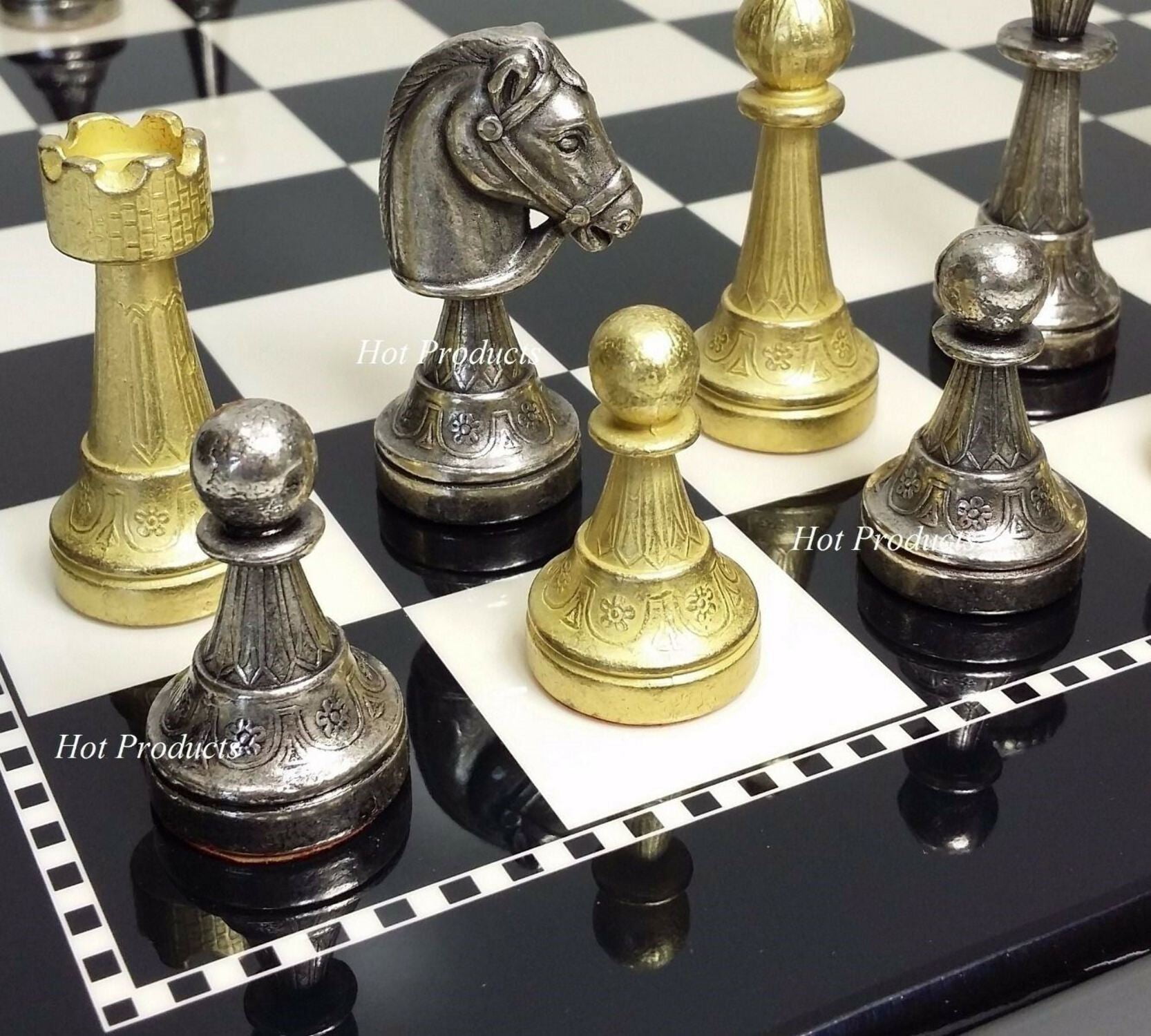 Brass CLASSIC Metal GOLD SILVER COLOR STAUNTON Chess Set 15" Black ...