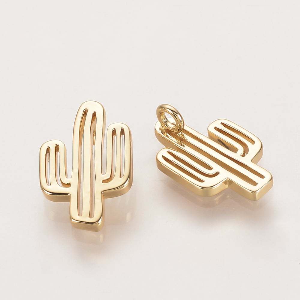 Brass Charms Nickel Free Real 18K Gold Plated Cactus 14x9x2mm Hole: 2mm ...