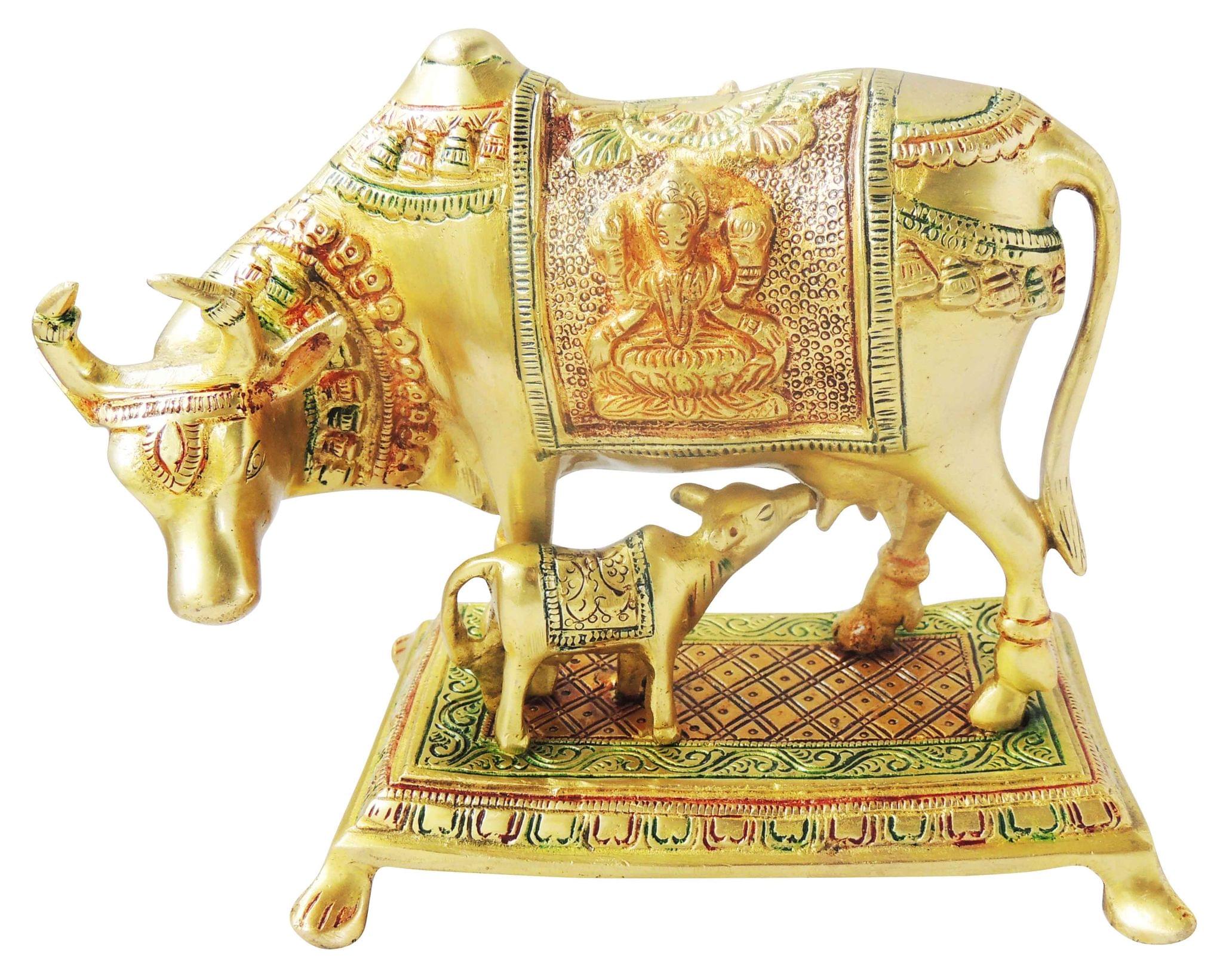 Brass Cow With Calf Statue 2.98kg, For Home Temple Pooja Corporate ...