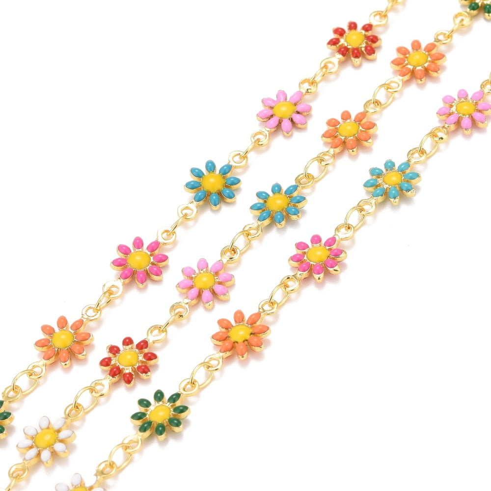 Brass Daisy Flower & Oval Link Chains with Enamel & Spool Soldered Real ...
