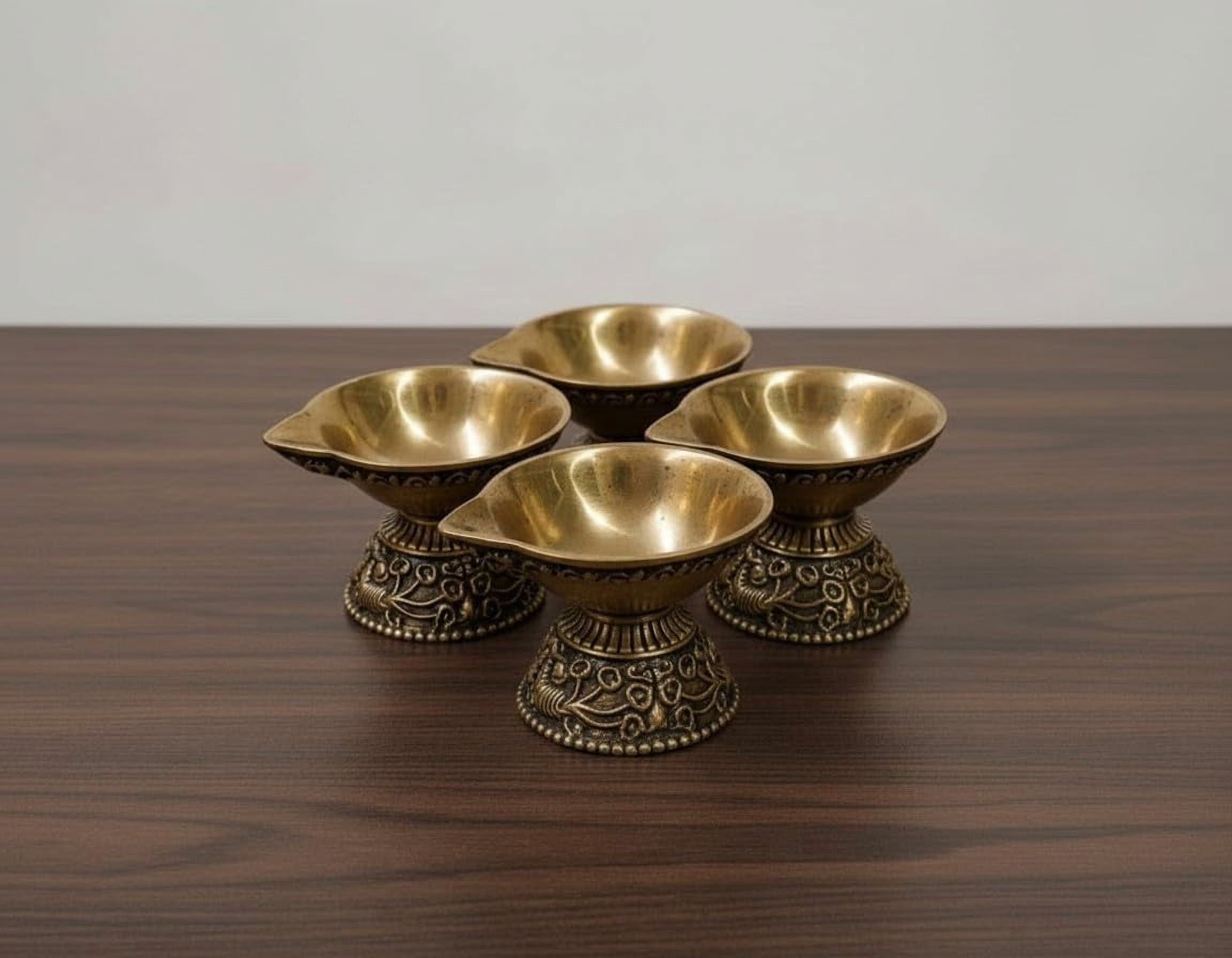 Brass Diya Set of 4 Handcrafted Oil Lamps Pooja Decor Diwali Gift ...