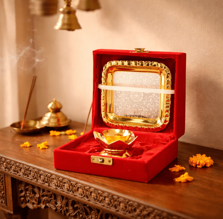 Natriel Handcrafted Premium Brass Diya and Plate Set with Red Velvet ...