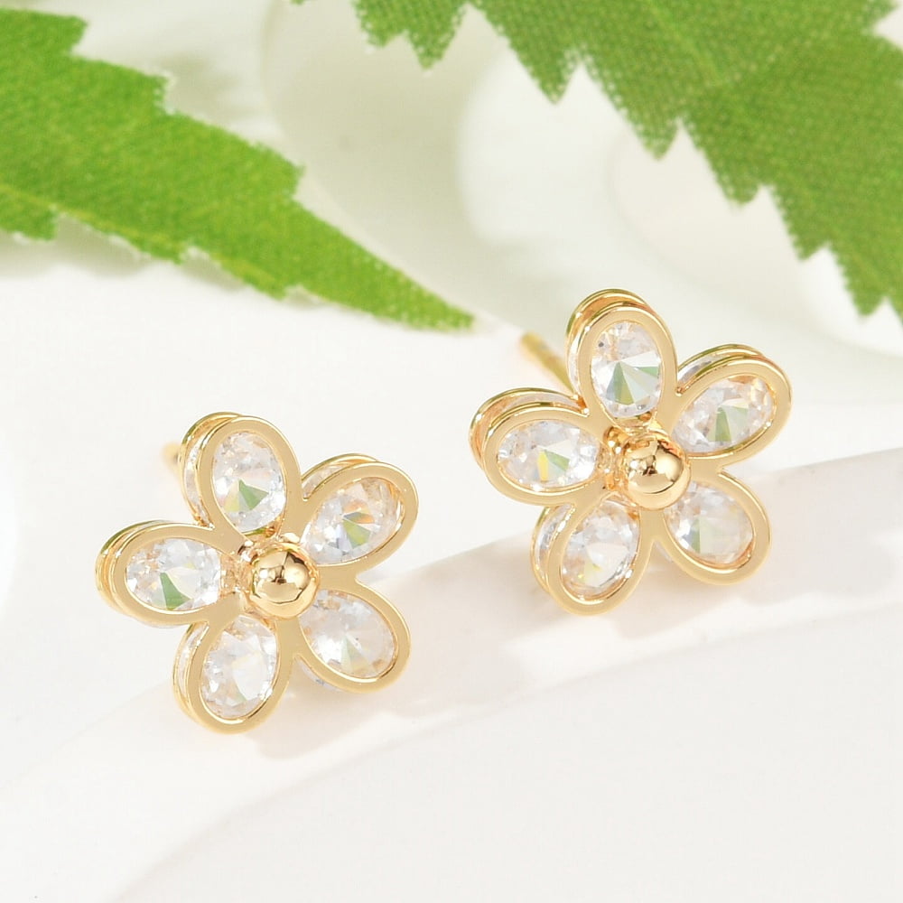 Brass Earring Studs with Cubic Zirconia Flower Real 18K golden Plated ...
