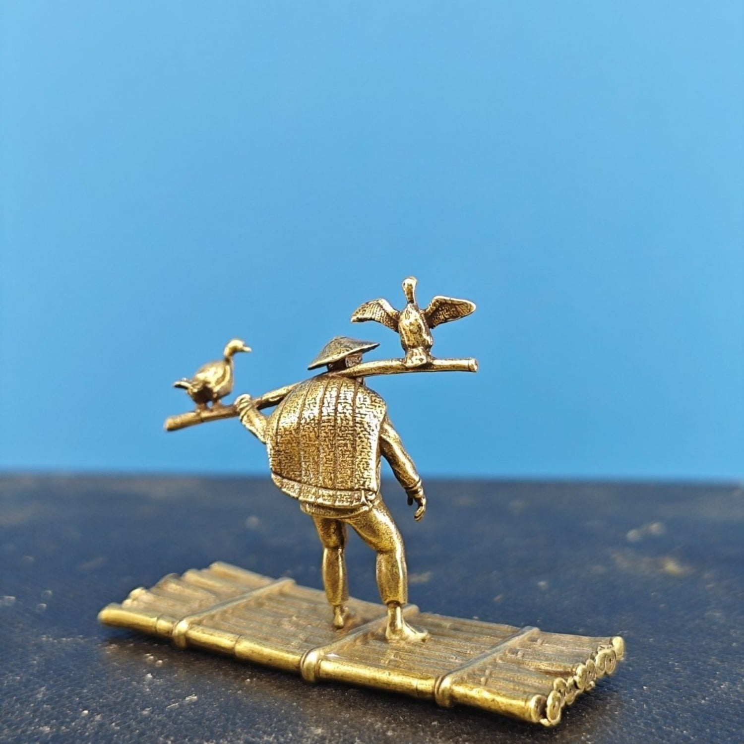 Brass, Fisherman Fish-catching Bamboo Raft, Ancient Character Model ...
