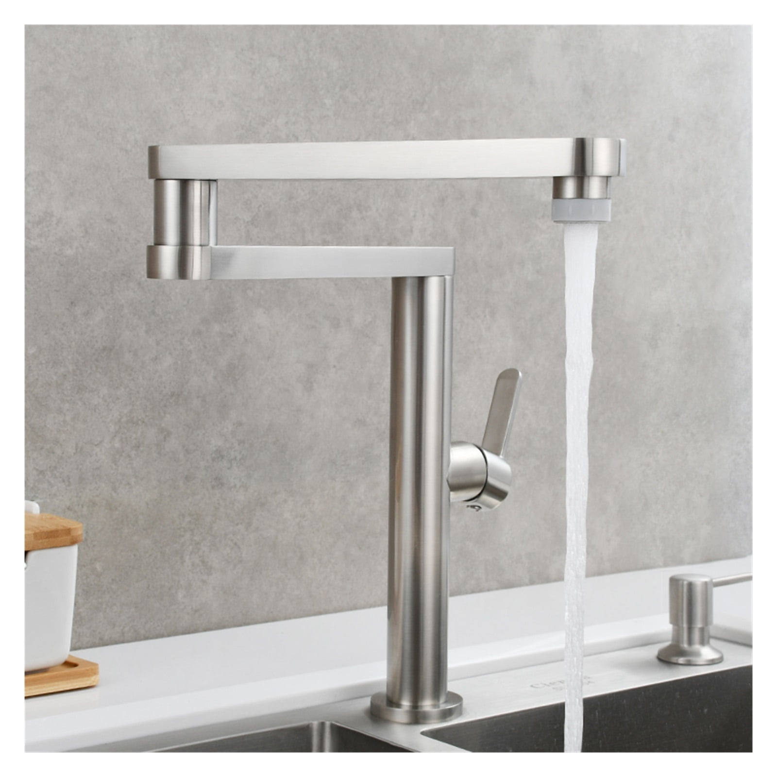 Brass Folding Kitchen Faucet Double Joint Swing Arms Hot Cold Water ...