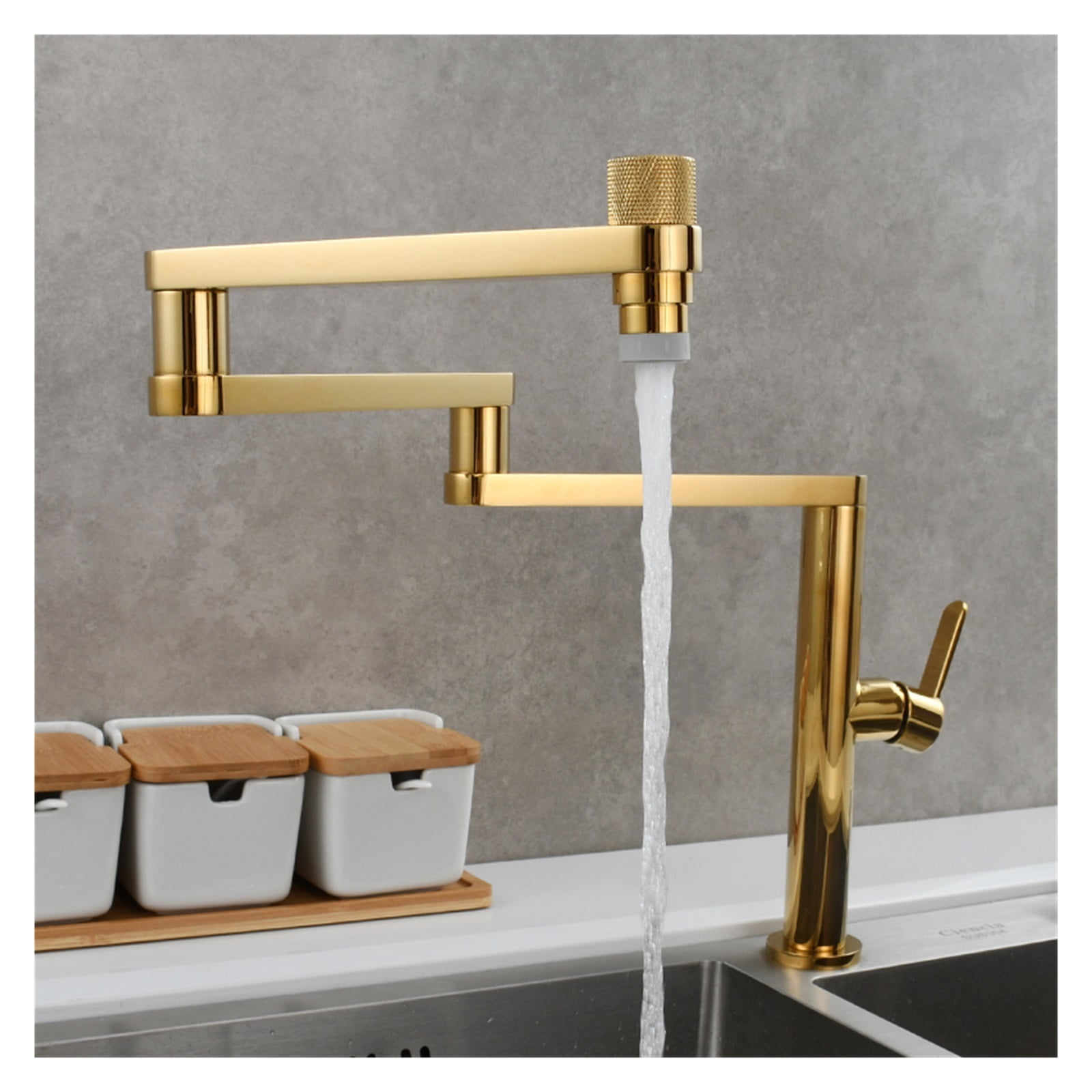 Brass Folding Kitchen Faucet Double Joint Swing Arms Hot Cold Water ...
