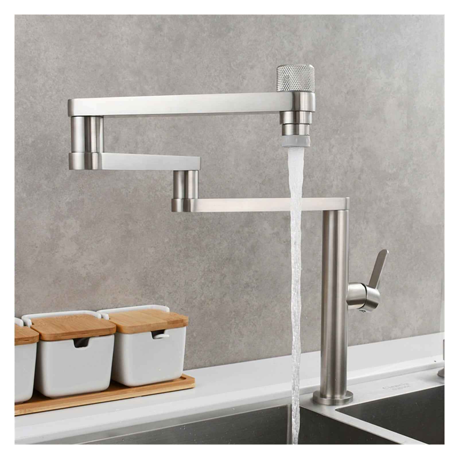 Brass Folding Kitchen Faucet Double Joint Swing Arms Hot Cold Water Three Section Extension Sink ...