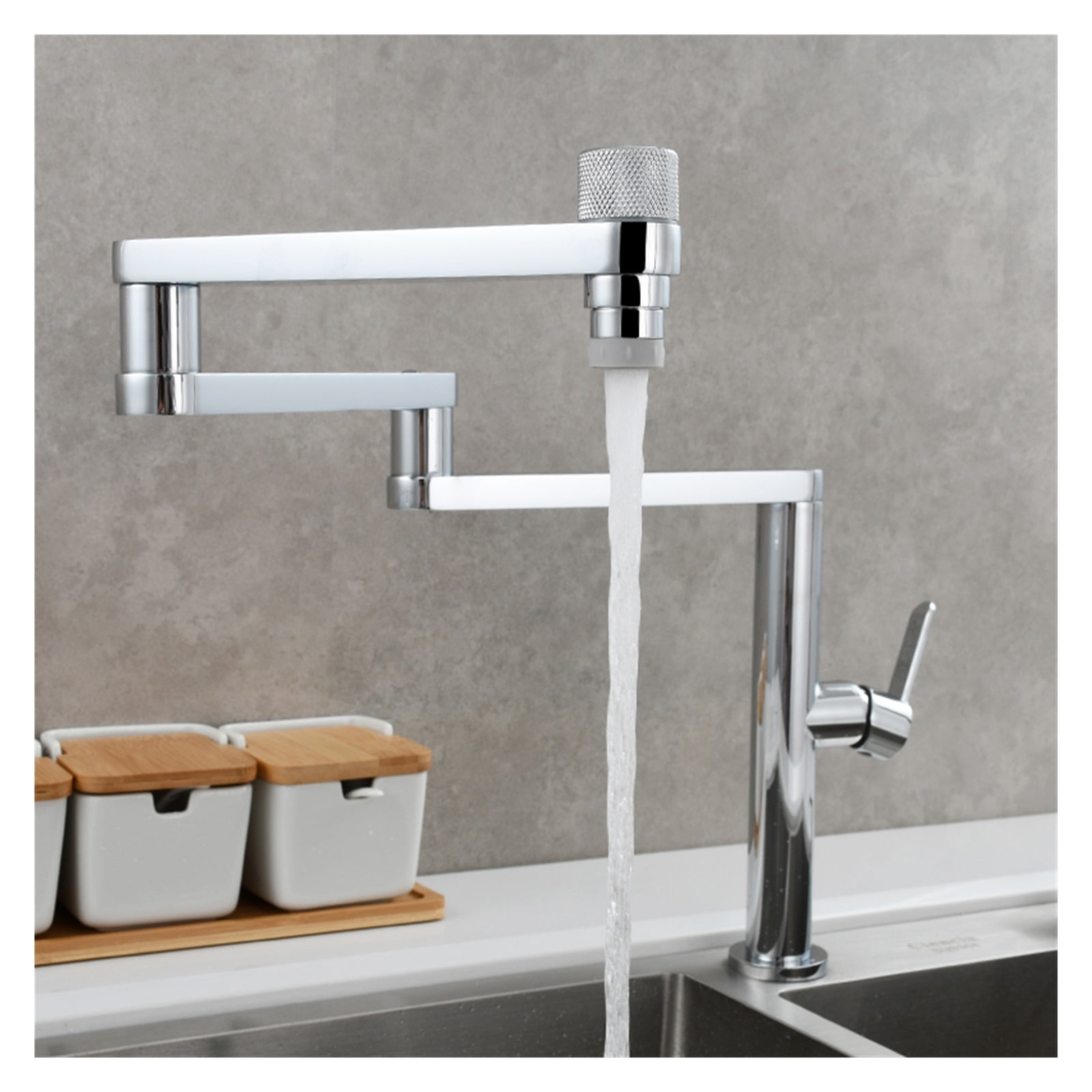 Brass Folding Kitchen Faucet Double Joint Swing Arms Hot Cold Water ...