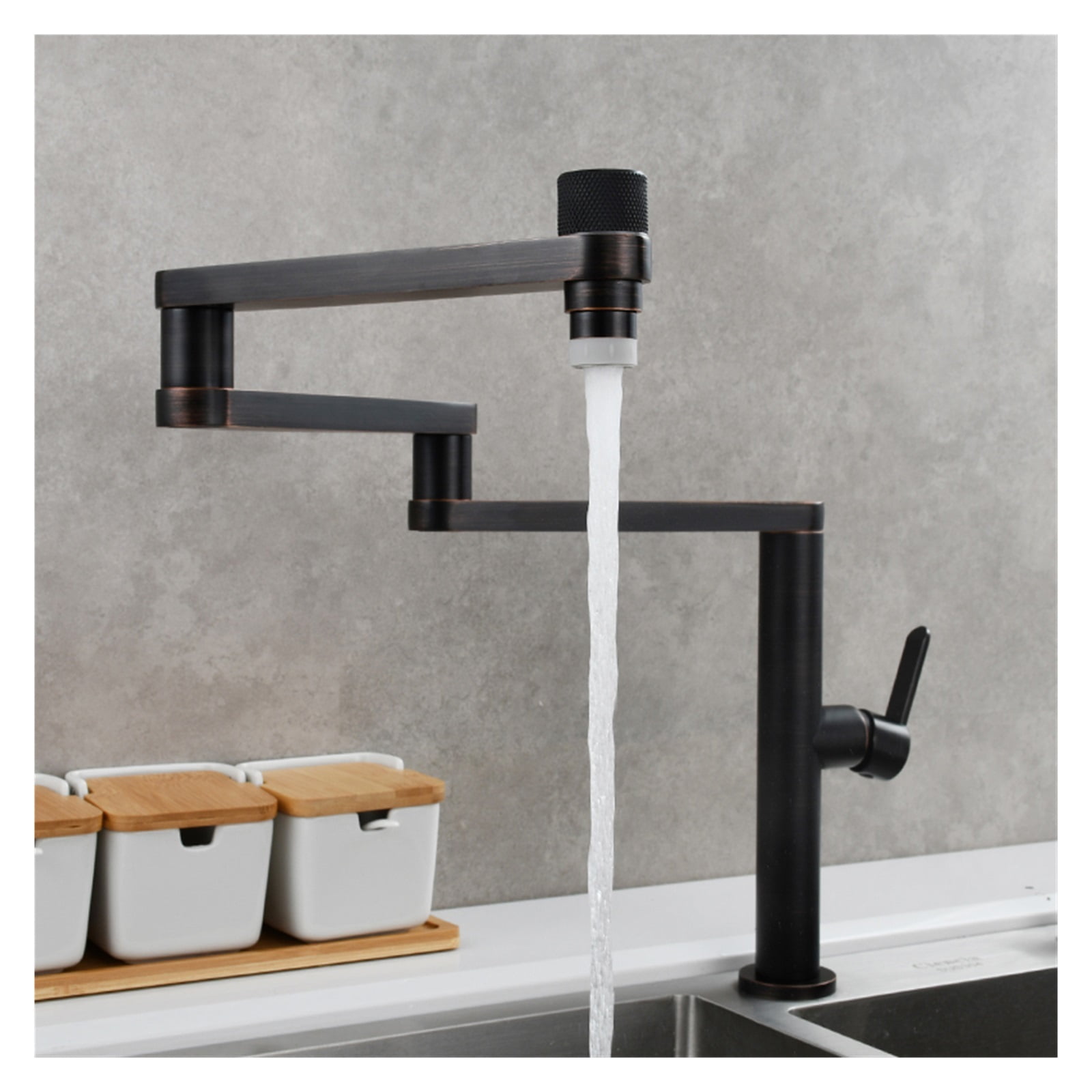 Brass Folding Kitchen Faucet Double Joint Swing Arms Hot Cold Water Three Section Extension Sink ...