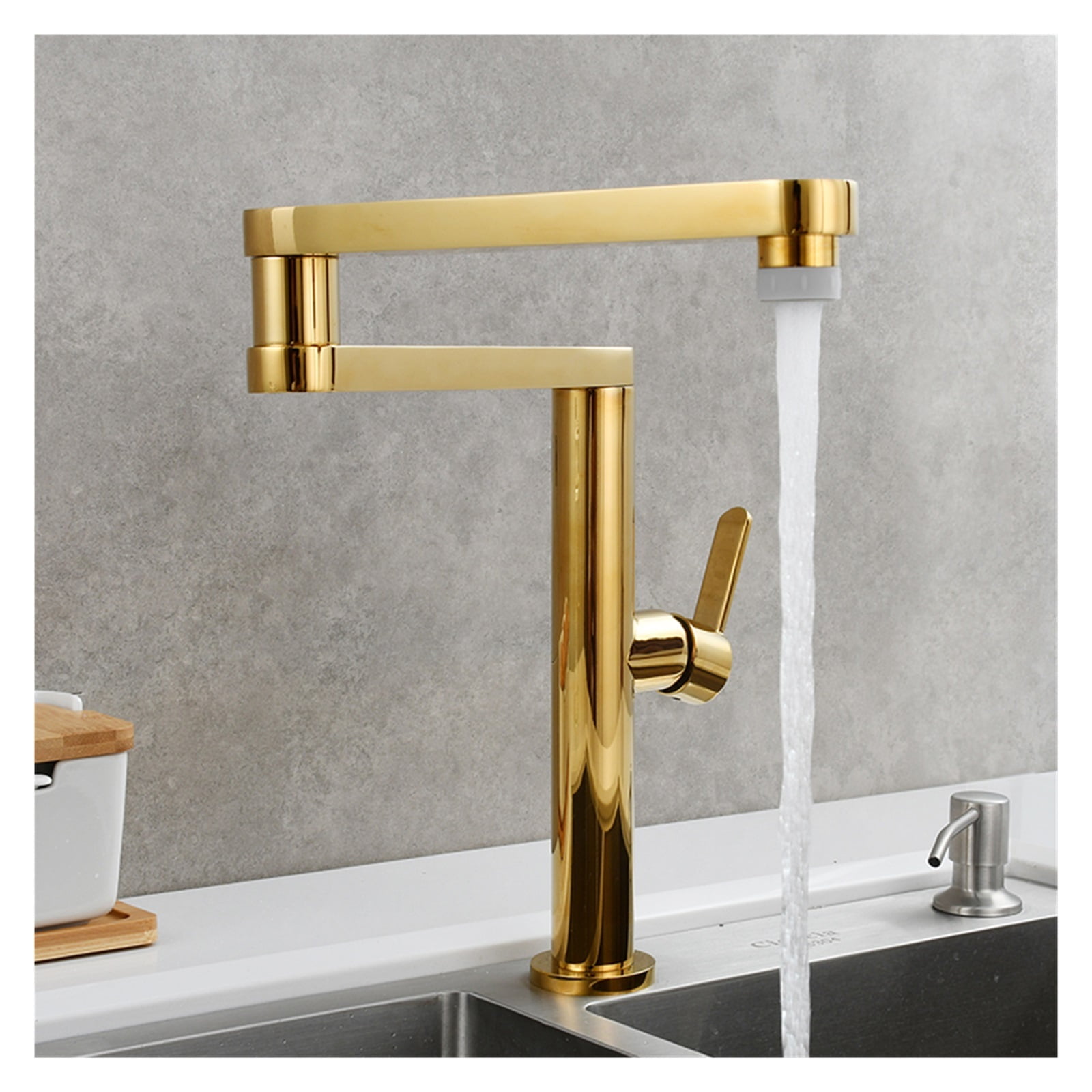 Brass Folding Kitchen Faucet Double Joint Swing Arms Hot Cold Water ...