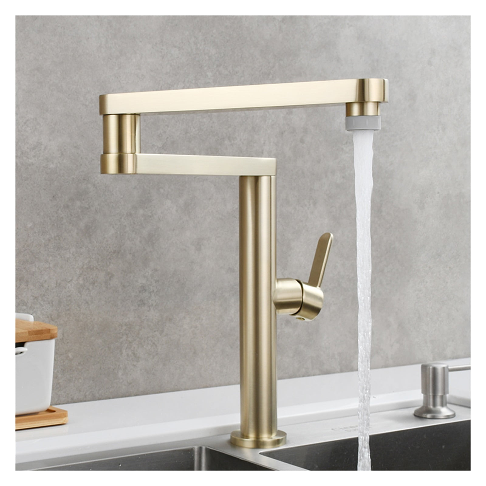 Brass Folding Kitchen Faucet Double Joint Swing Arms Hot Cold Water ...