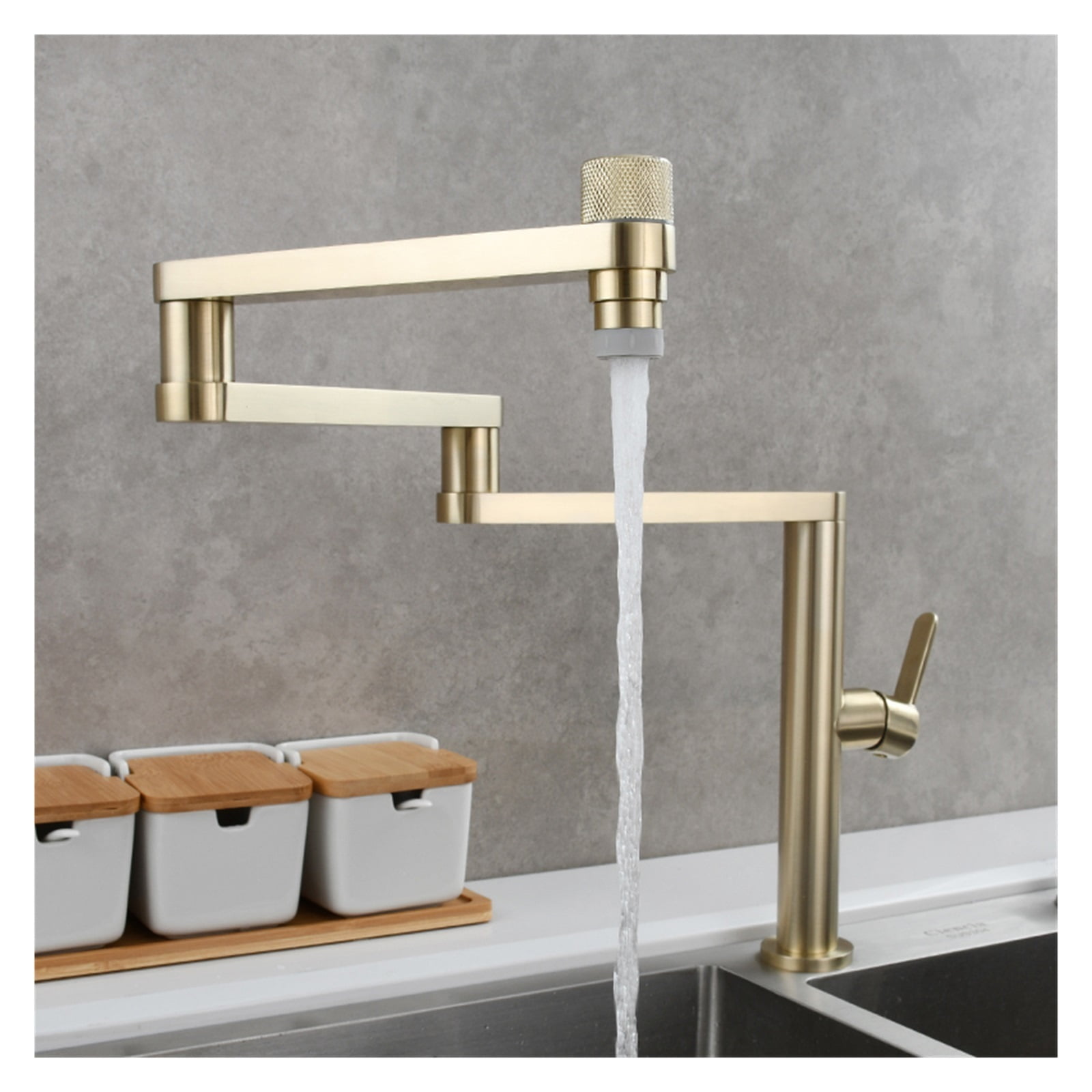 Brass Folding Kitchen Faucet Double Joint Swing Arms Hot Cold Water ...