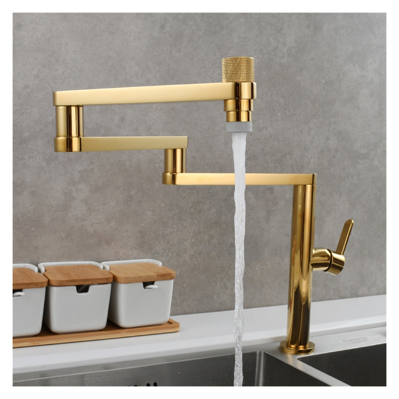 Brass Folding Kitchen Faucet Double Joint Swing Arms Hot & Cold Water ...