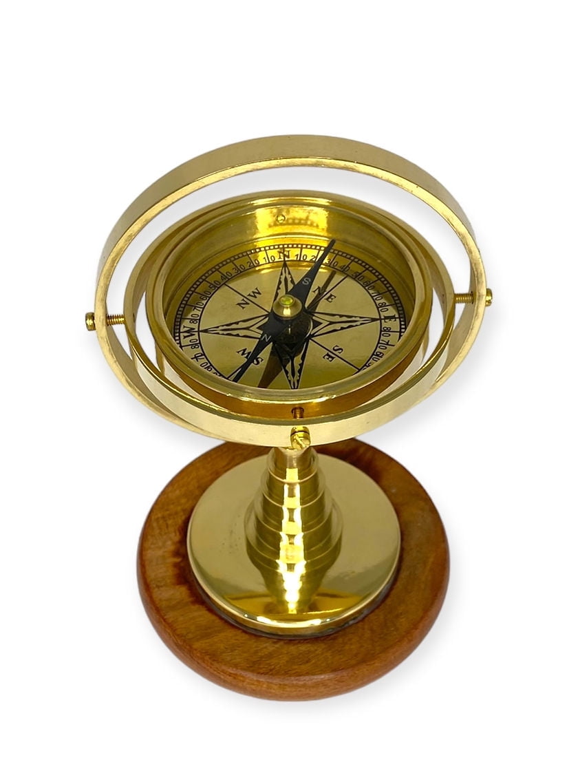 Tajdaar Handicrafts Gimbaled Compass On Stand With Wooden Base Gold