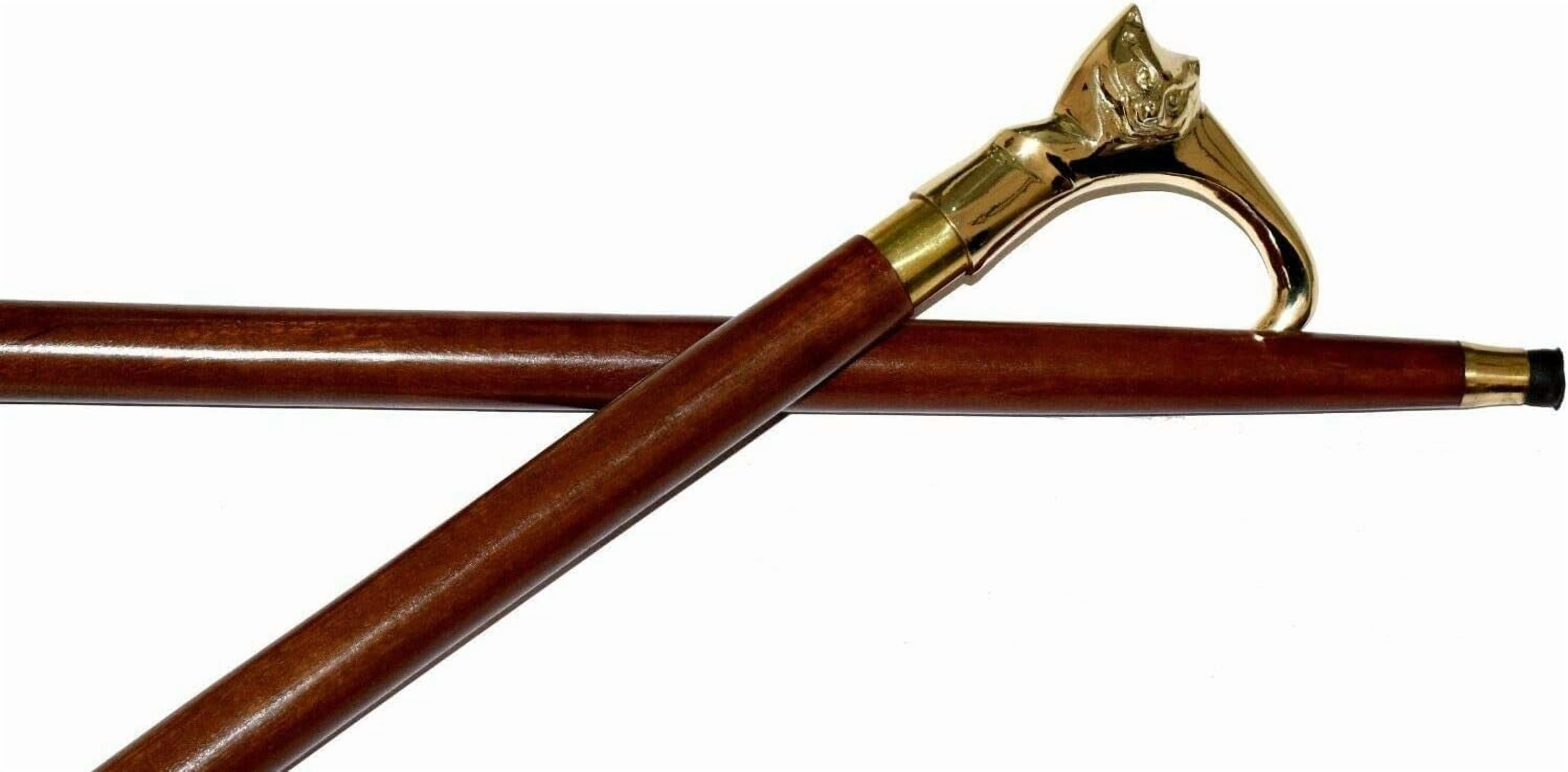 Brass Handle Twist Cane Cat Face Style Brown Wooden Walking Stick ...
