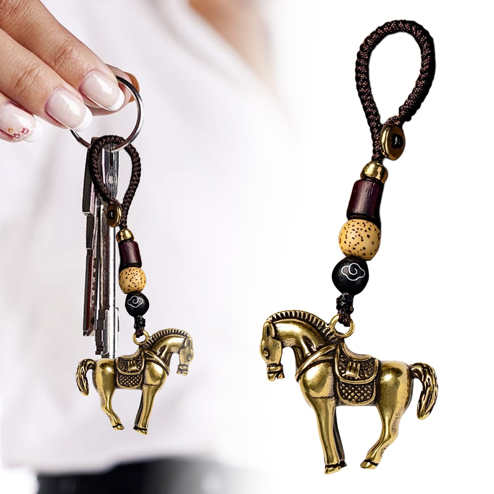 Brass Horse Keychain with Decorative Beaded Pendant, Stylish Accessory ...
