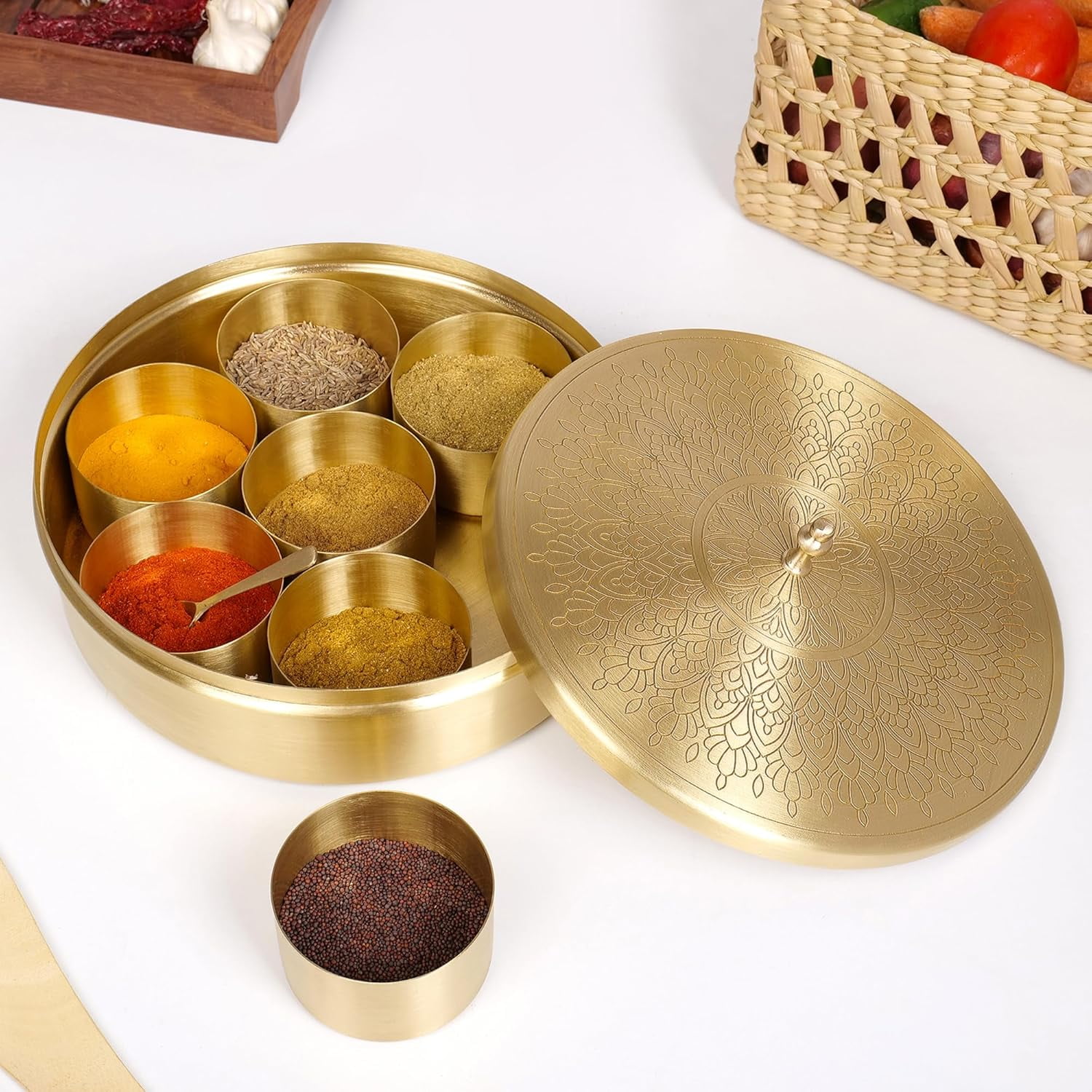 Brass Indian Spice Box, Brass masala Dabba, Brass Spice Box with 7 ...