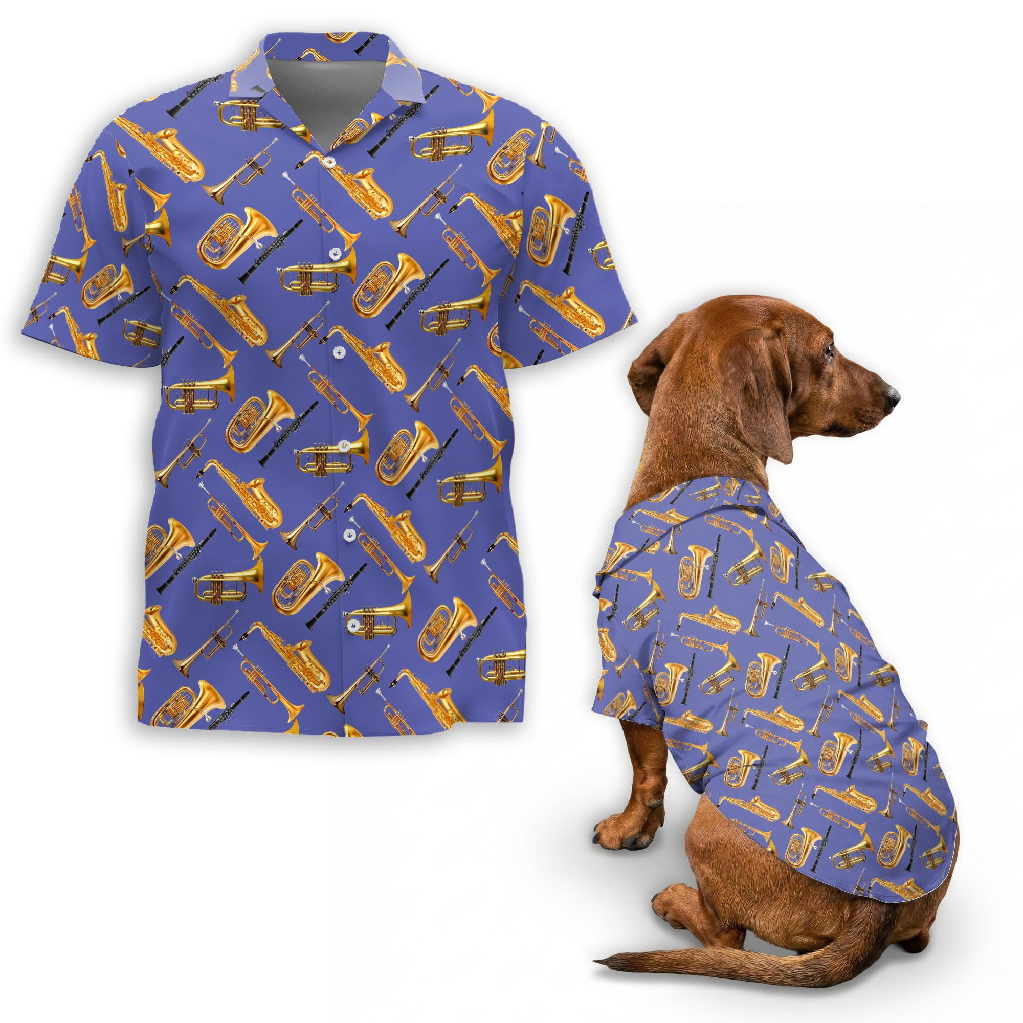 Brass Instrument Hawaiian Shirt for Adults and Dogs, Music Band Button ...