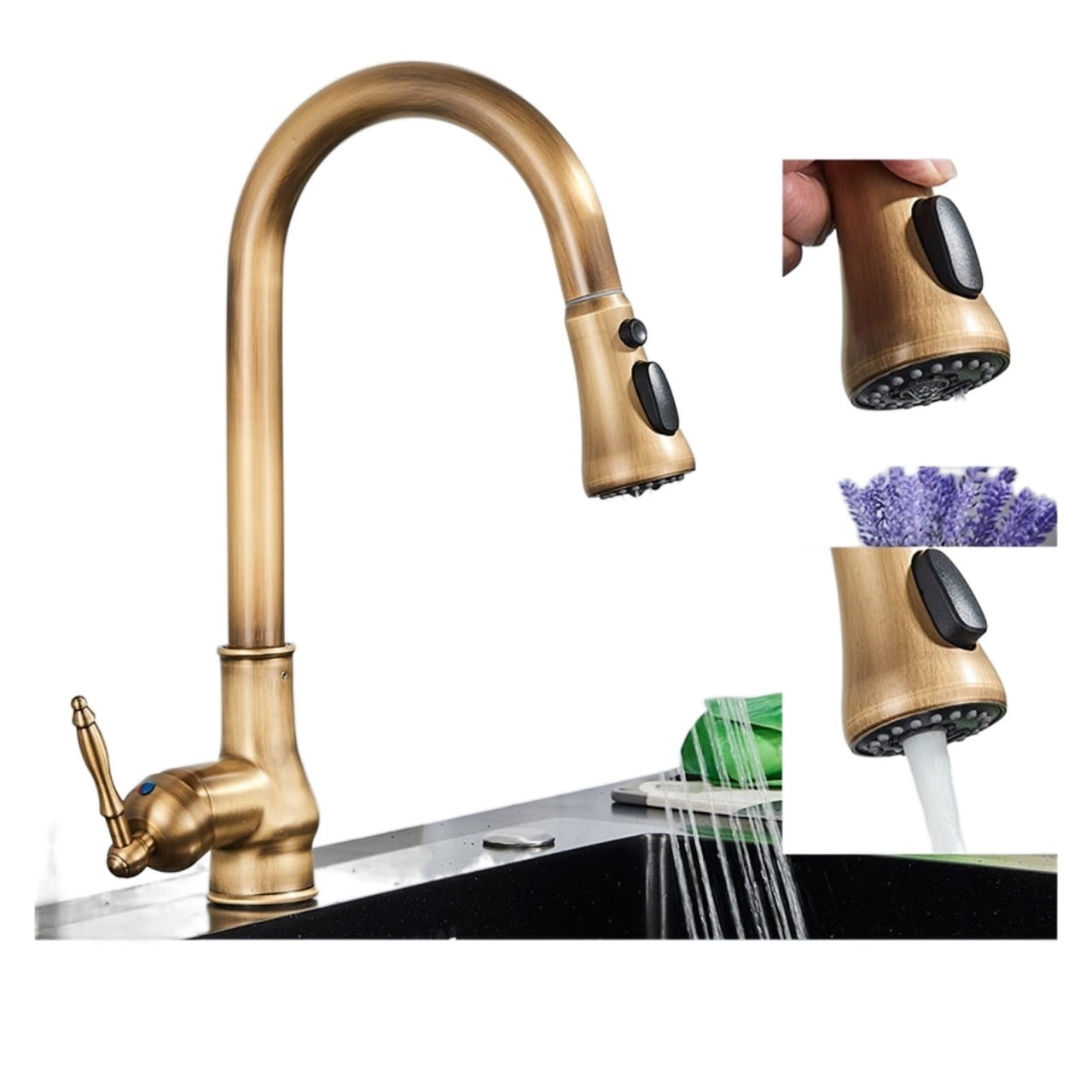 Brass Kitchen Faucet Deck Mount Free Rotation Pull Out Soft Water Wash ...