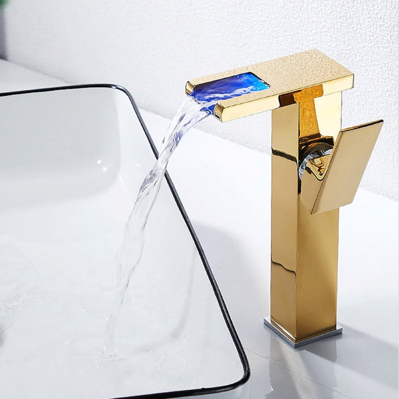 Brass LED Waterfall Bathroom Basin Faucet Cold Hot Water Mixer Crane ...