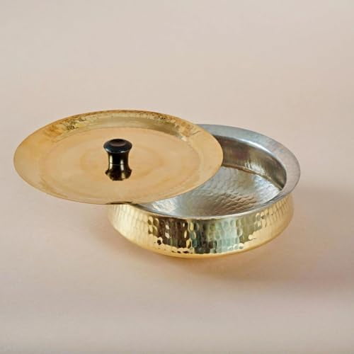 Brass Lagan with Lid – 11x11x3.5” Handcrafted Cooking Vessel, Non-Stick ...