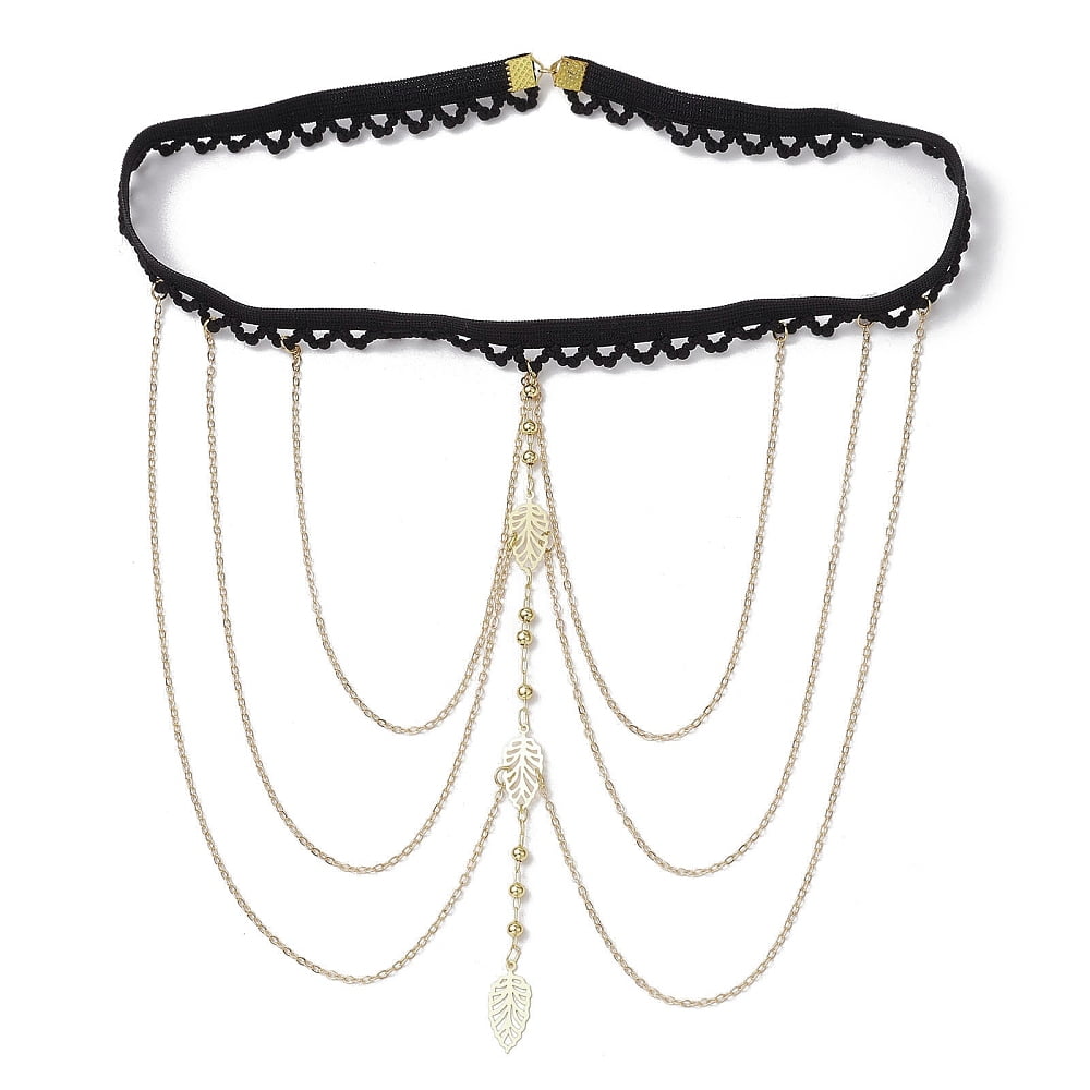 Brass Layered Leaf Tassel Thigh Leg Chains Black Elastic Stretch Body ...