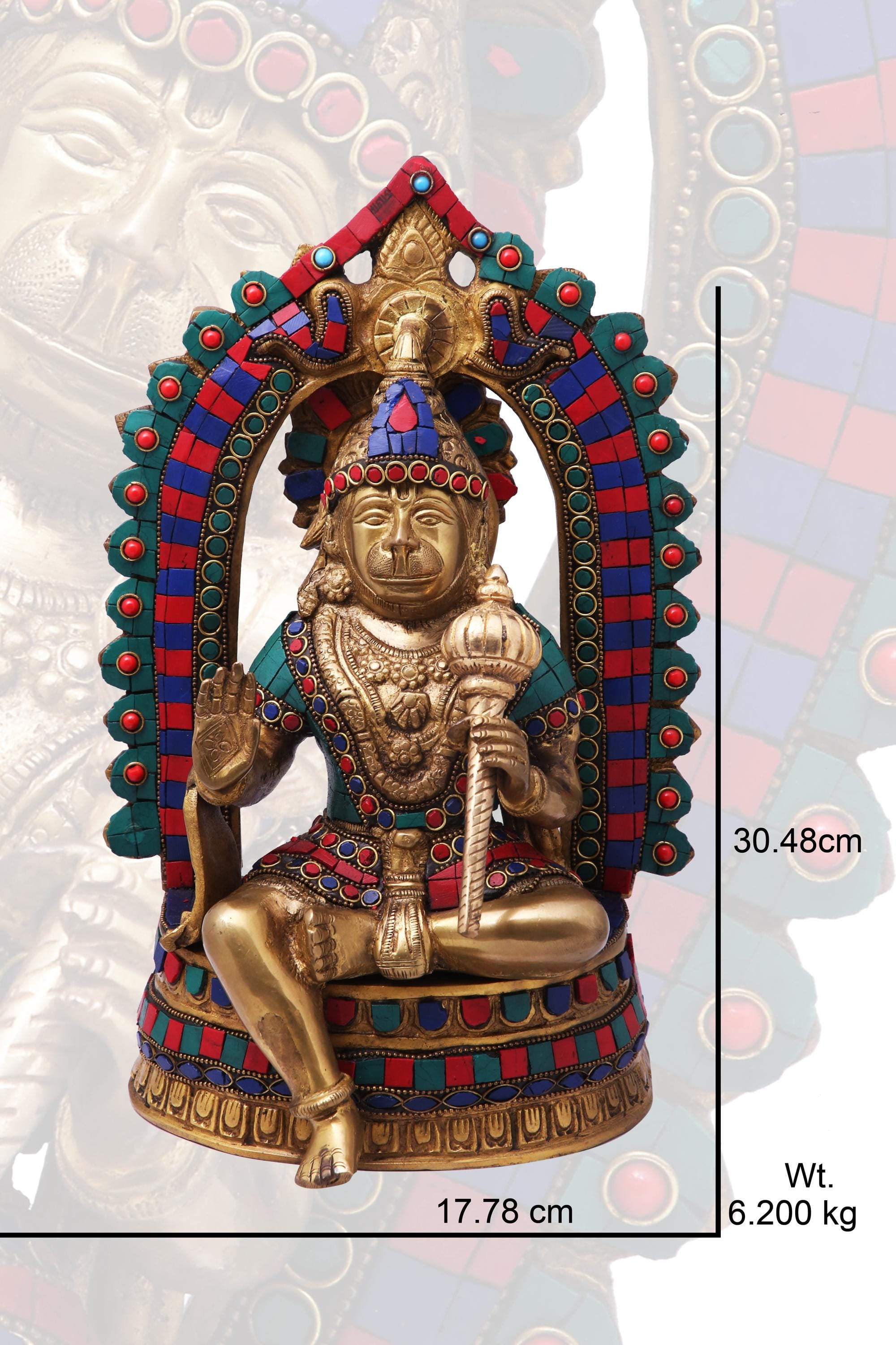 Brass Lord Hanuman Statue with Stonework, 12-inch Big Blessing Colorful ...